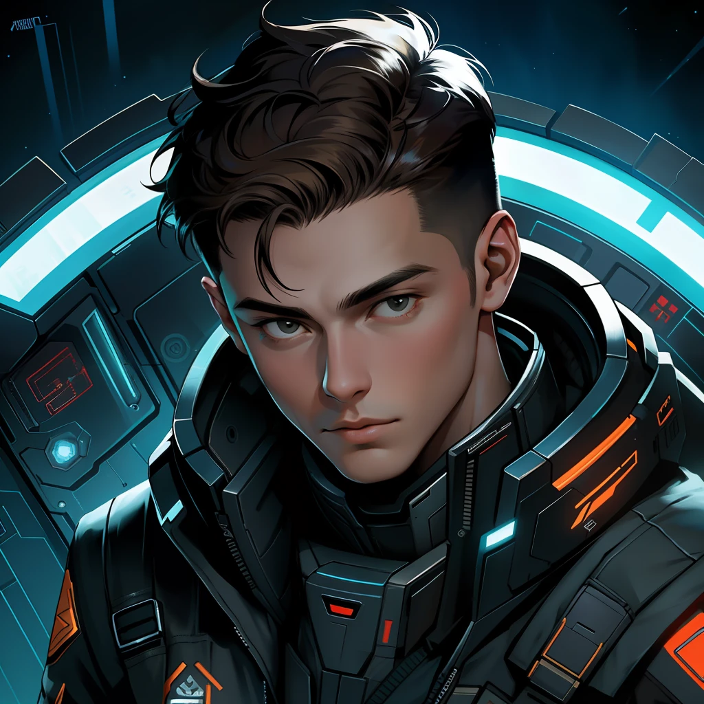 A close up of a man in a space suit with a futuristic background ...