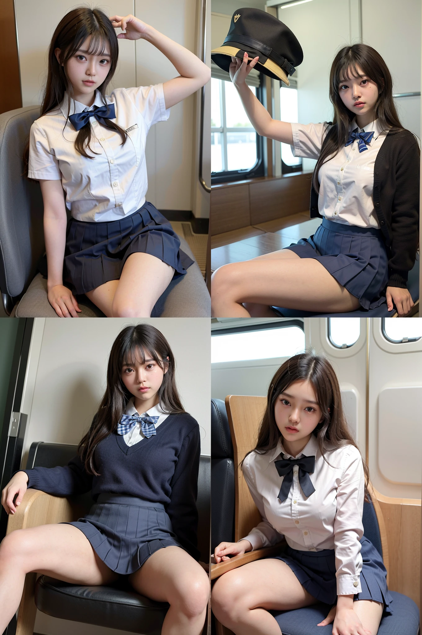 Low angle shot,arafed asian woman in a short skirt and bow tie sitting on a trai - SeaArt AI