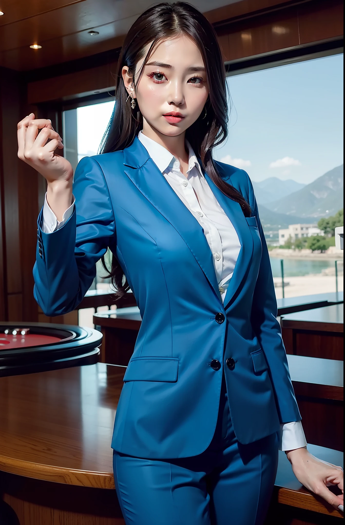 Arafed woman in a blue suit standing in front of a table - SeaArt AI