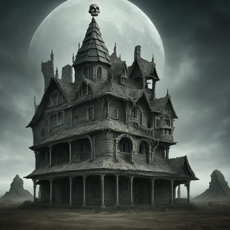 A creepy house with a full moon in the background - SeaArt AI