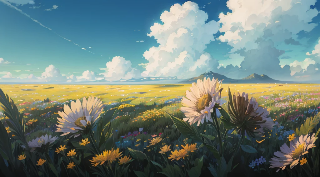 Anime scenery of a field with flowers and a mountain in the distance ...