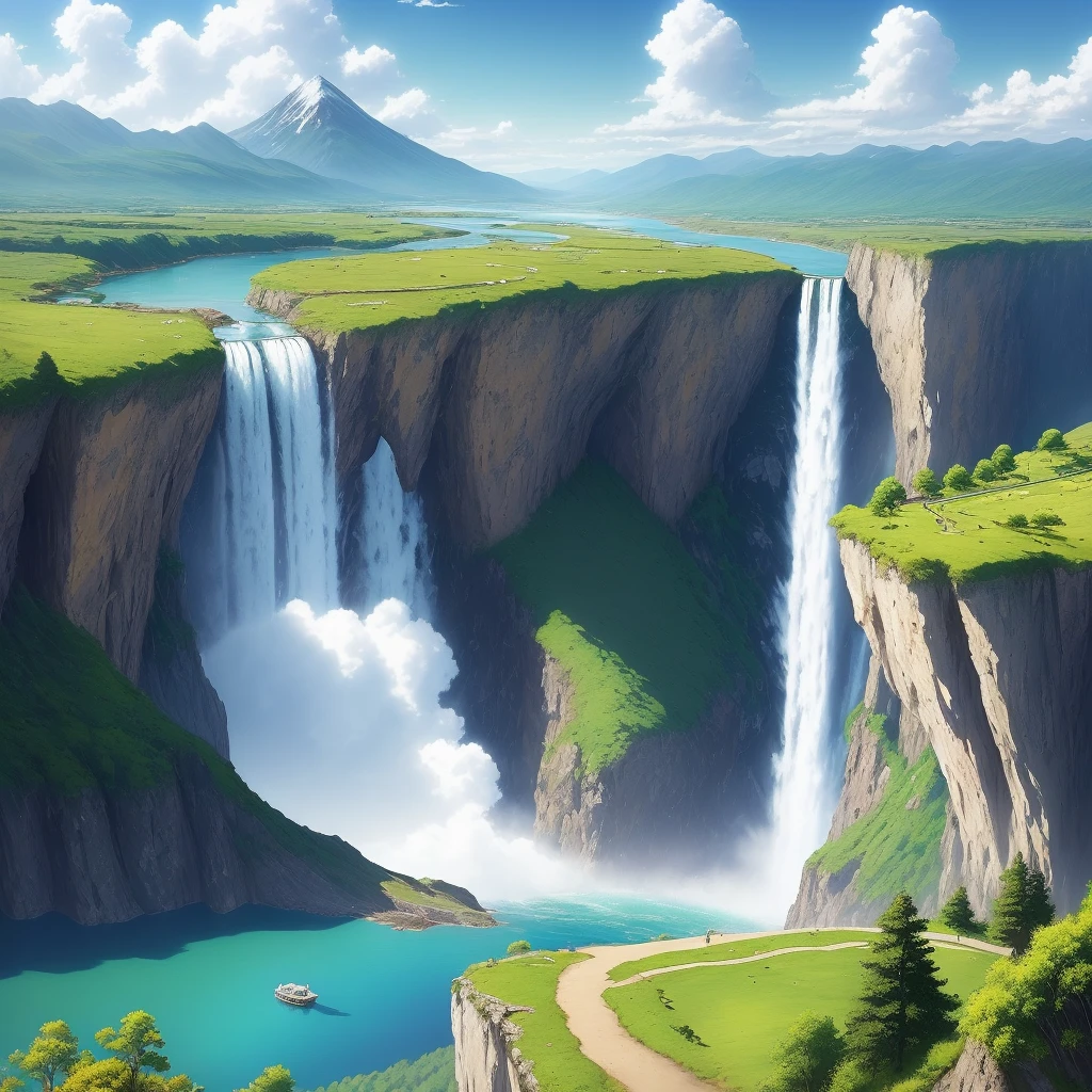 Anime scenery of a waterfall with a boat in the middle of it - SeaArt AI
