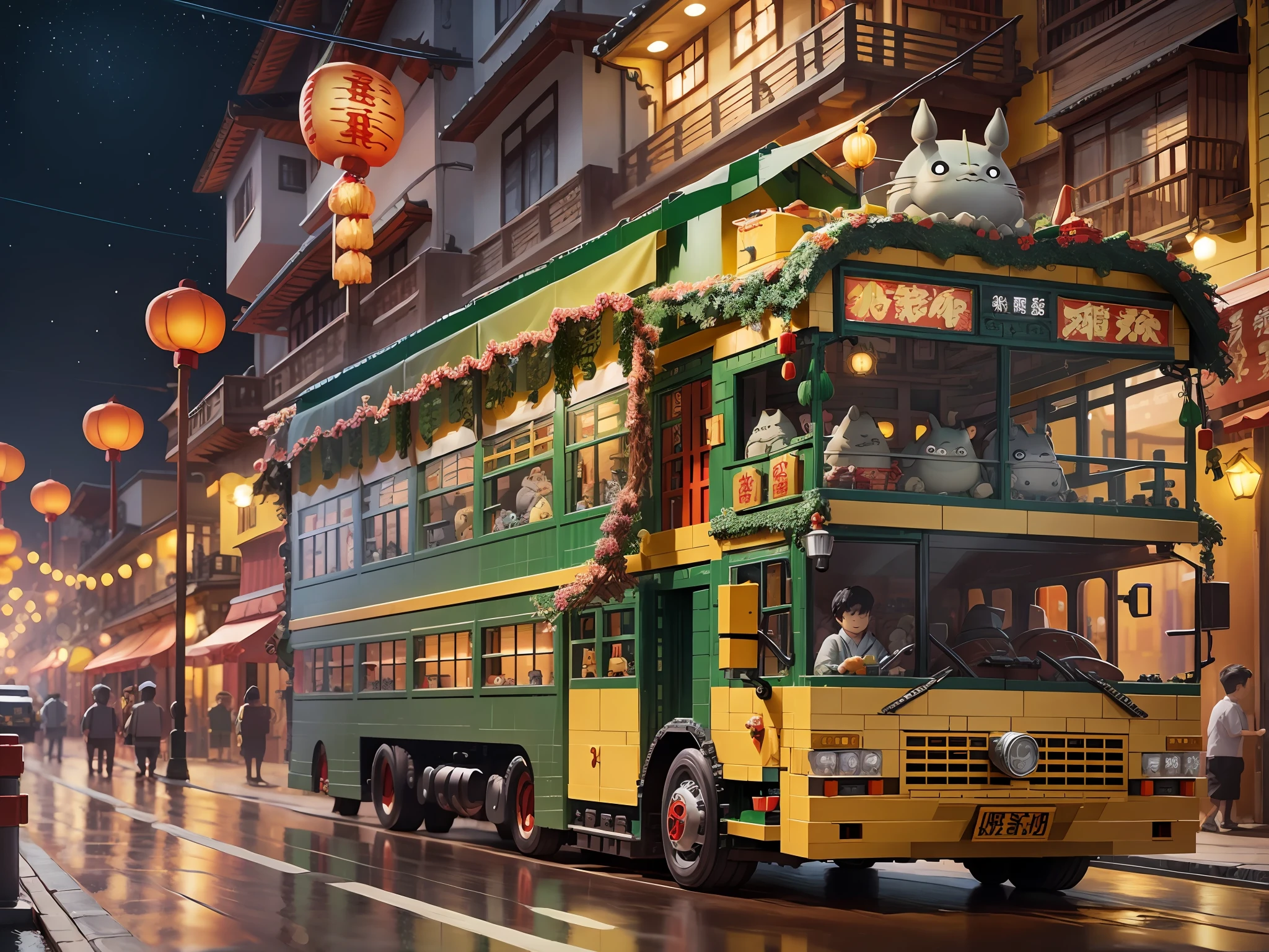 Arafly decorated bus on a city street with people walking on the ...