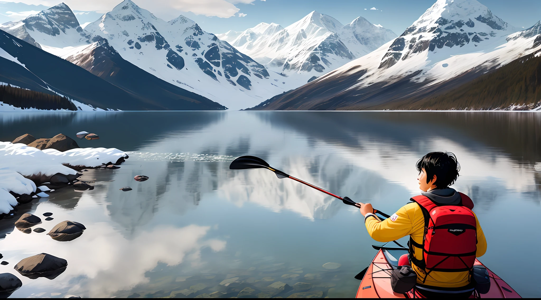 There is a man in a kayak ???????? on a lake - SeaArt AI
