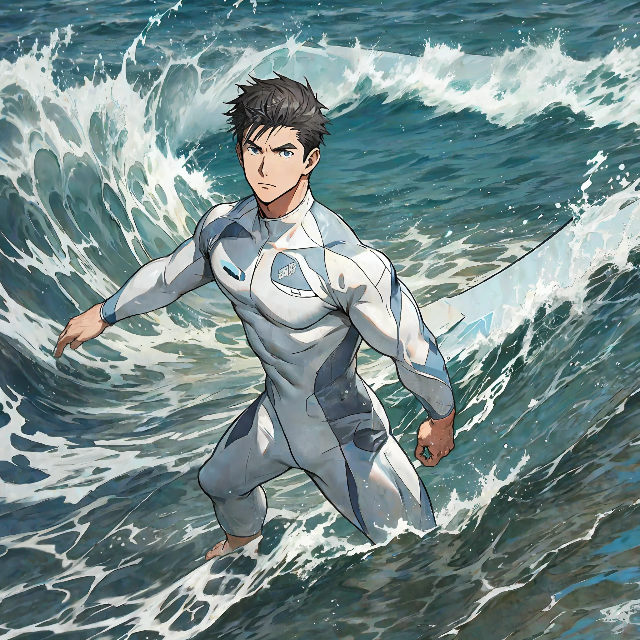 Anime character in a wet suit surfing on a wave in the ocean - SeaArt AI
