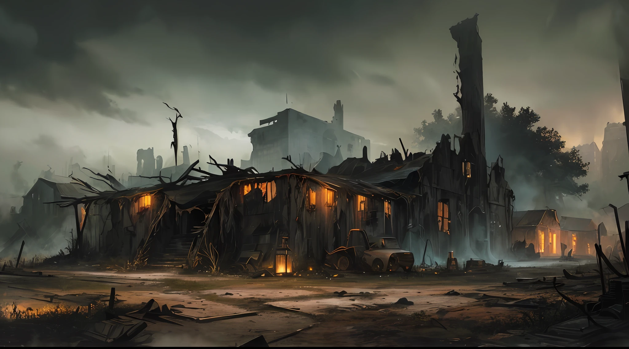 A post-apocalyptic scenery, (mysterious black fog), abandoned farm ...