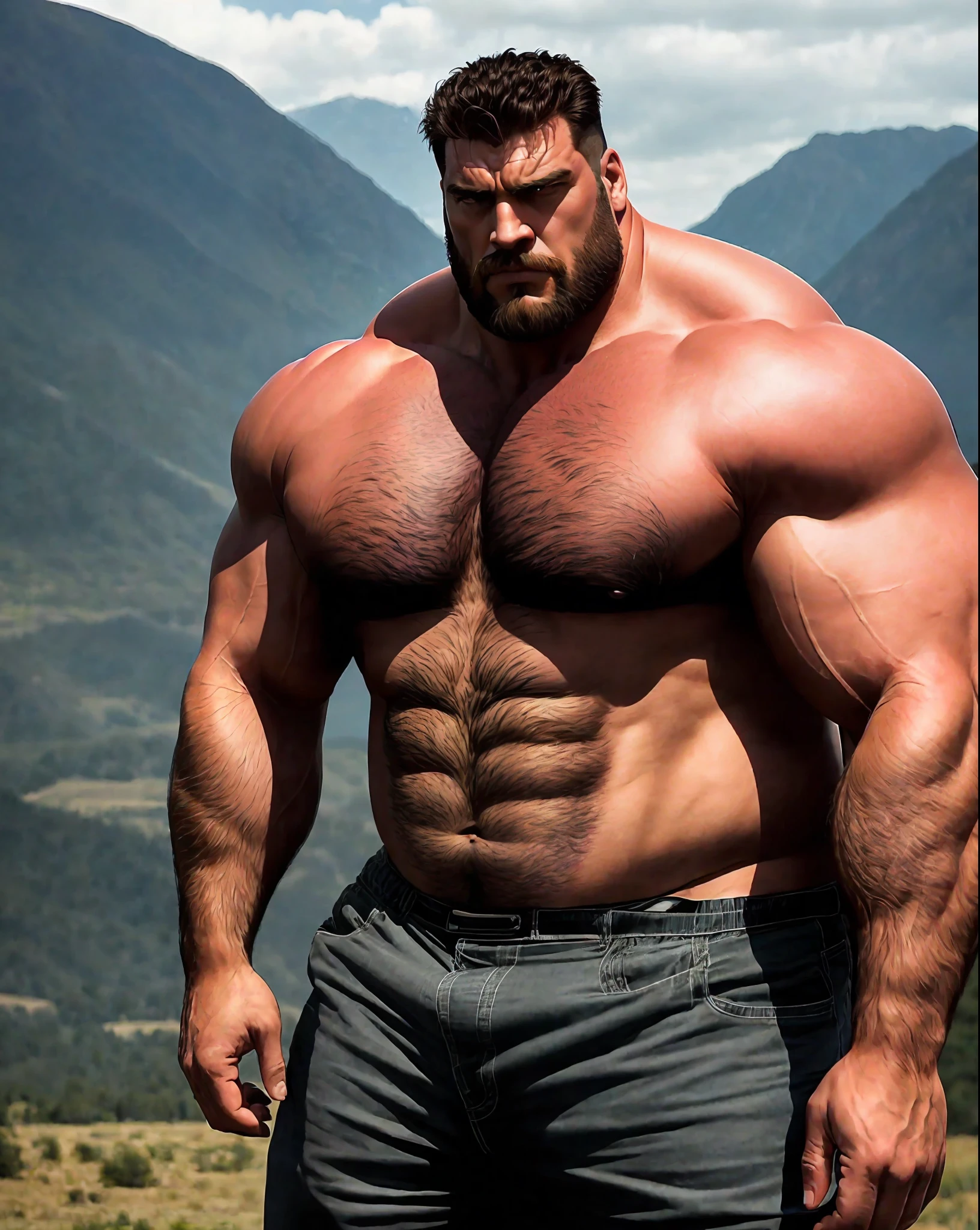 Arafed man with a beard and no shirt standing in a field - SeaArt AI