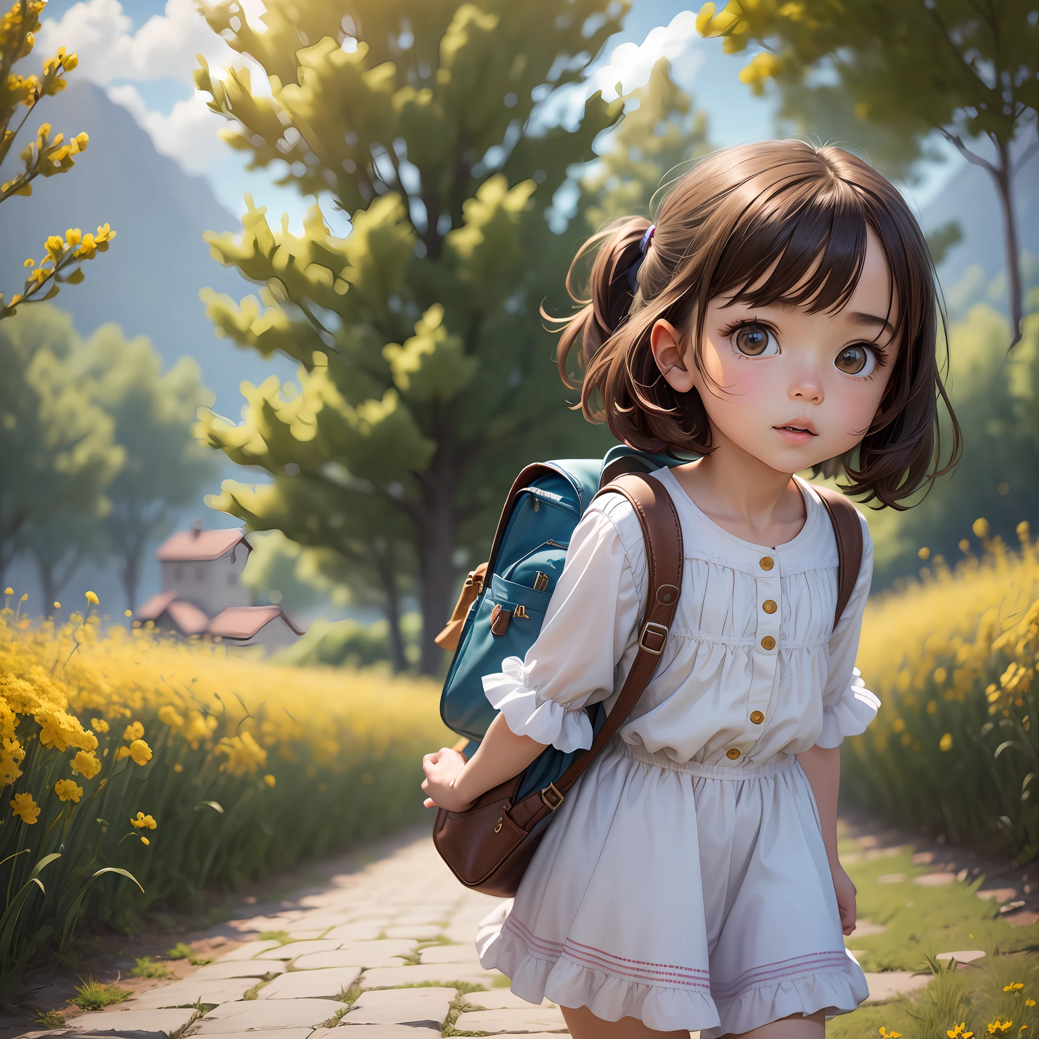 Anime girl with backpack walking down a path in a field - SeaArt AI