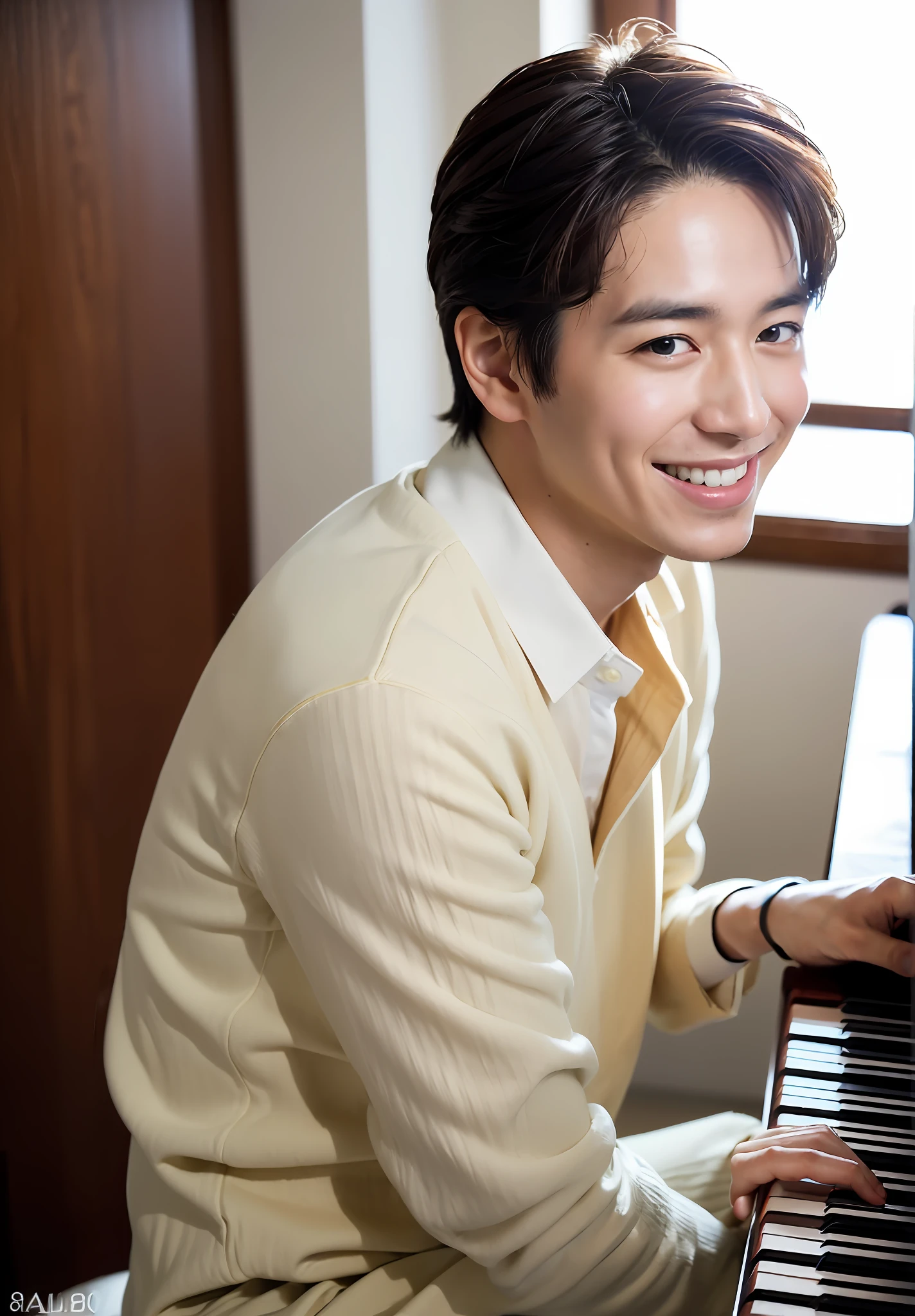 Arafed man in a white shirt and yellow tie playing a piano - SeaArt AI