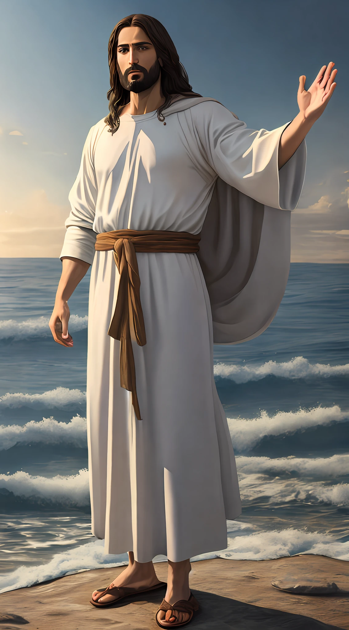 Jesus standing on a rock by the ocean with his arms outstretched ...