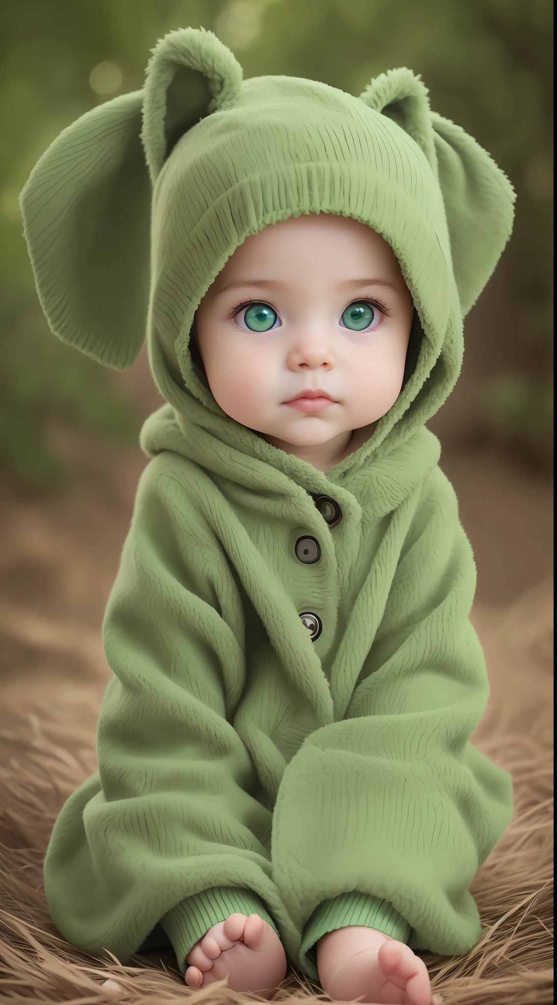 A close up of a baby wearing a green outfit sitting on a blanket ...