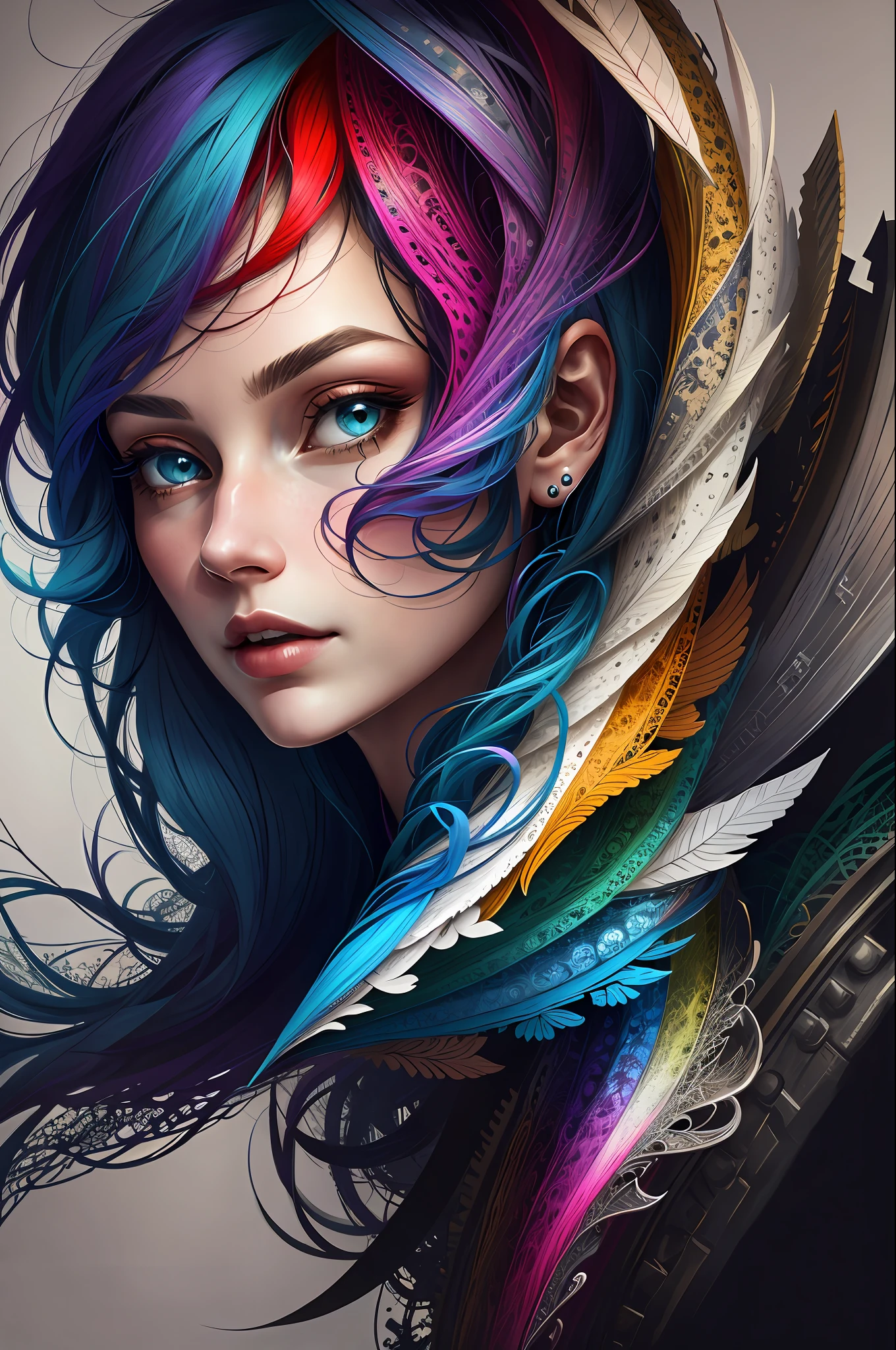 A woman with colorful hair and feathers on her head - SeaArt AI