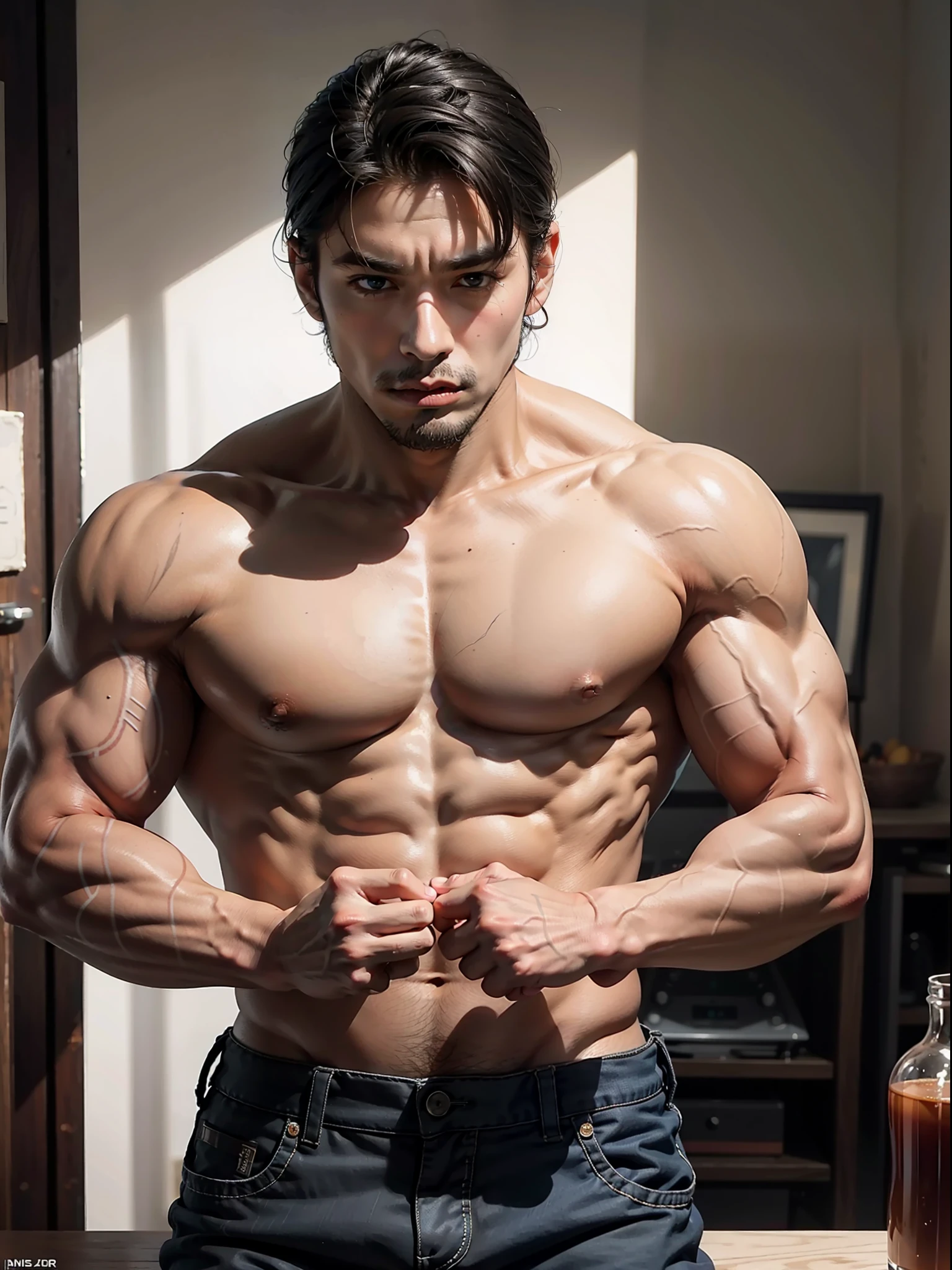 A close up of a man with a muscular body standing in a kitchen - SeaArt AI