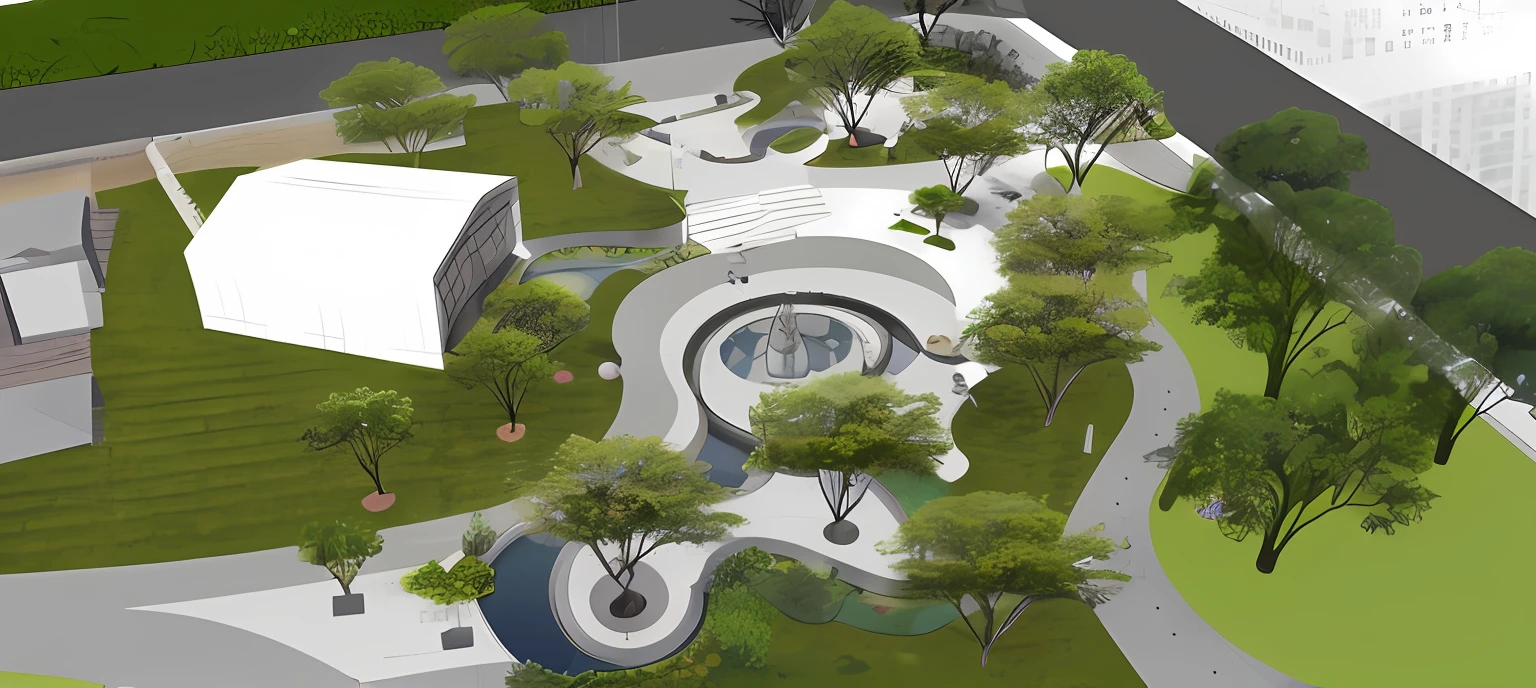 Rendering of a park with a fountain and trees in the middle - SeaArt AI