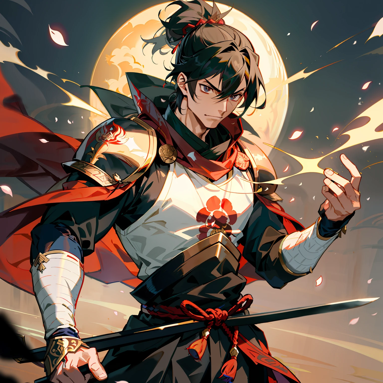 A close up of a person holding a sword in front of a full moon - SeaArt AI