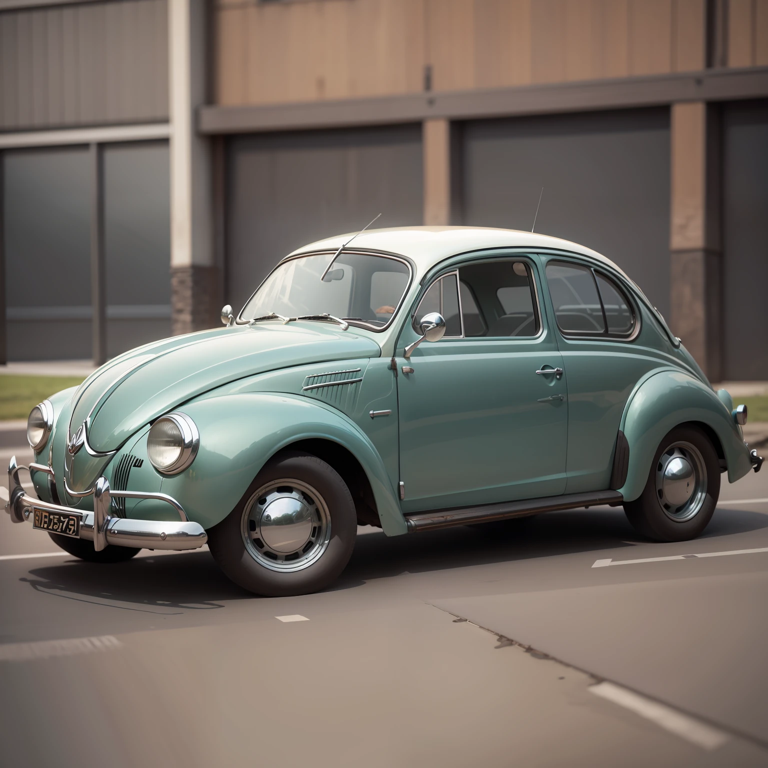 Arafed image of a green car driving down a street - SeaArt AI