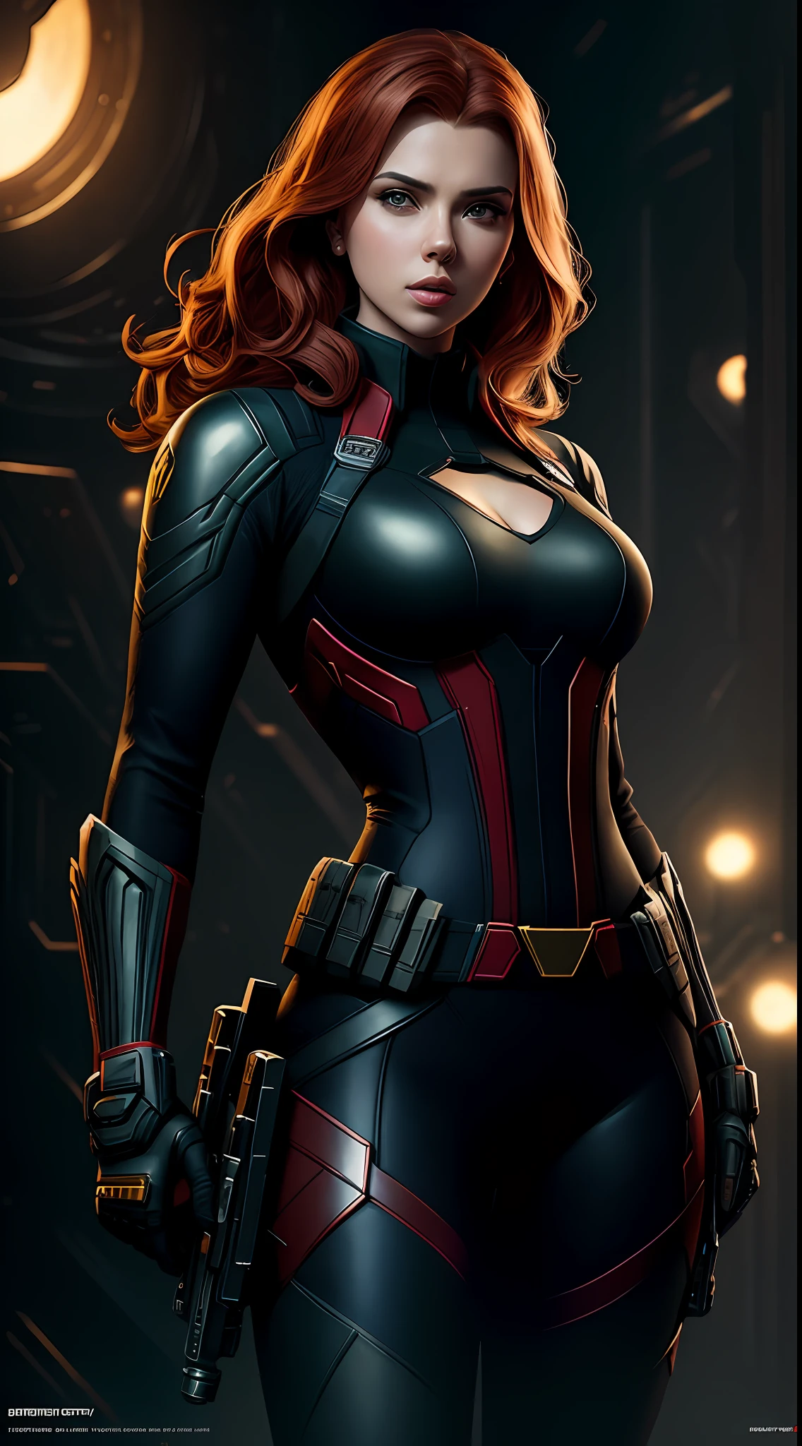 A woman in a black widow suit holding a gun - SeaArt AI