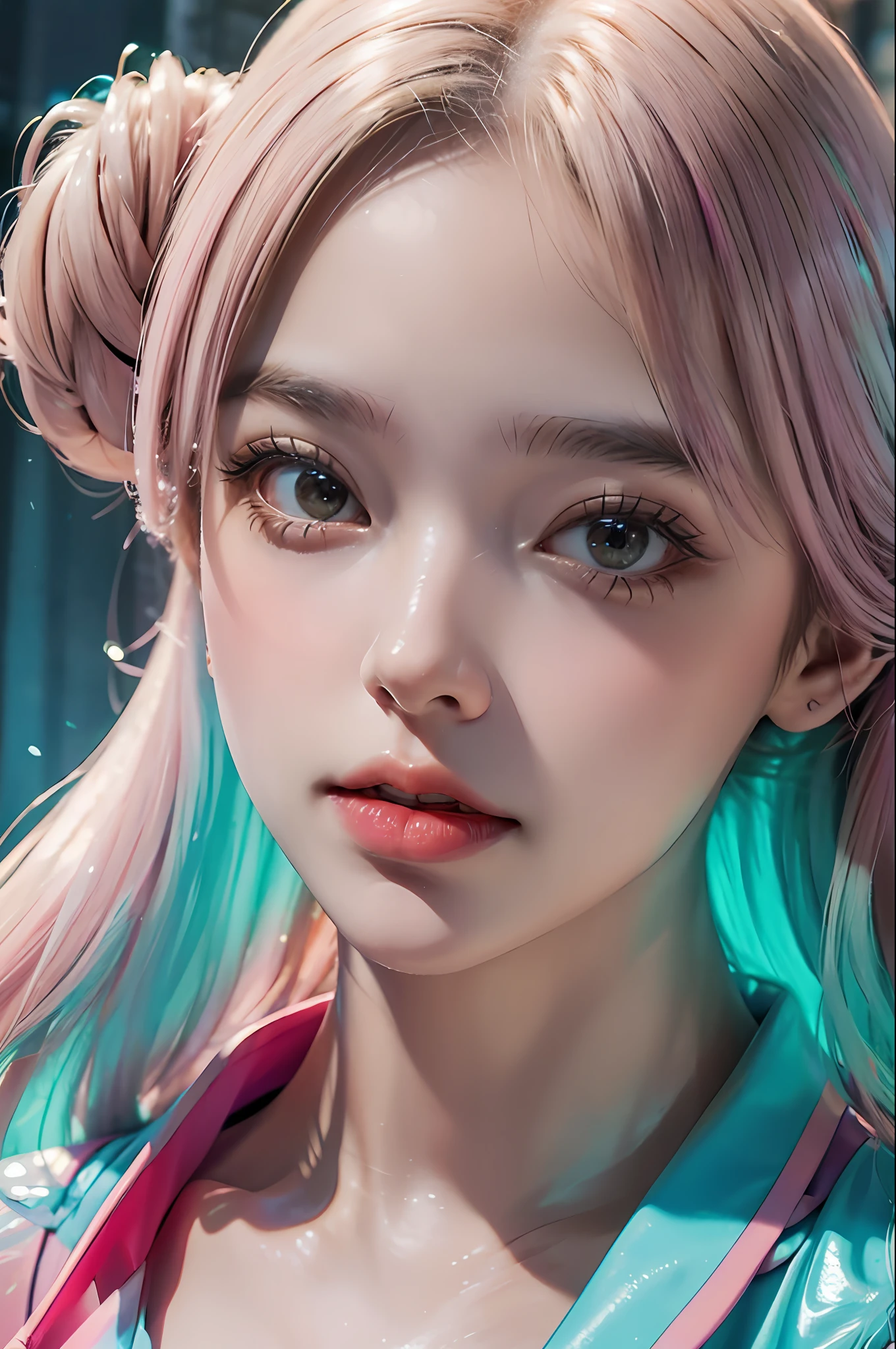 A close up of a person with pink hair and blue eyes - SeaArt AI
