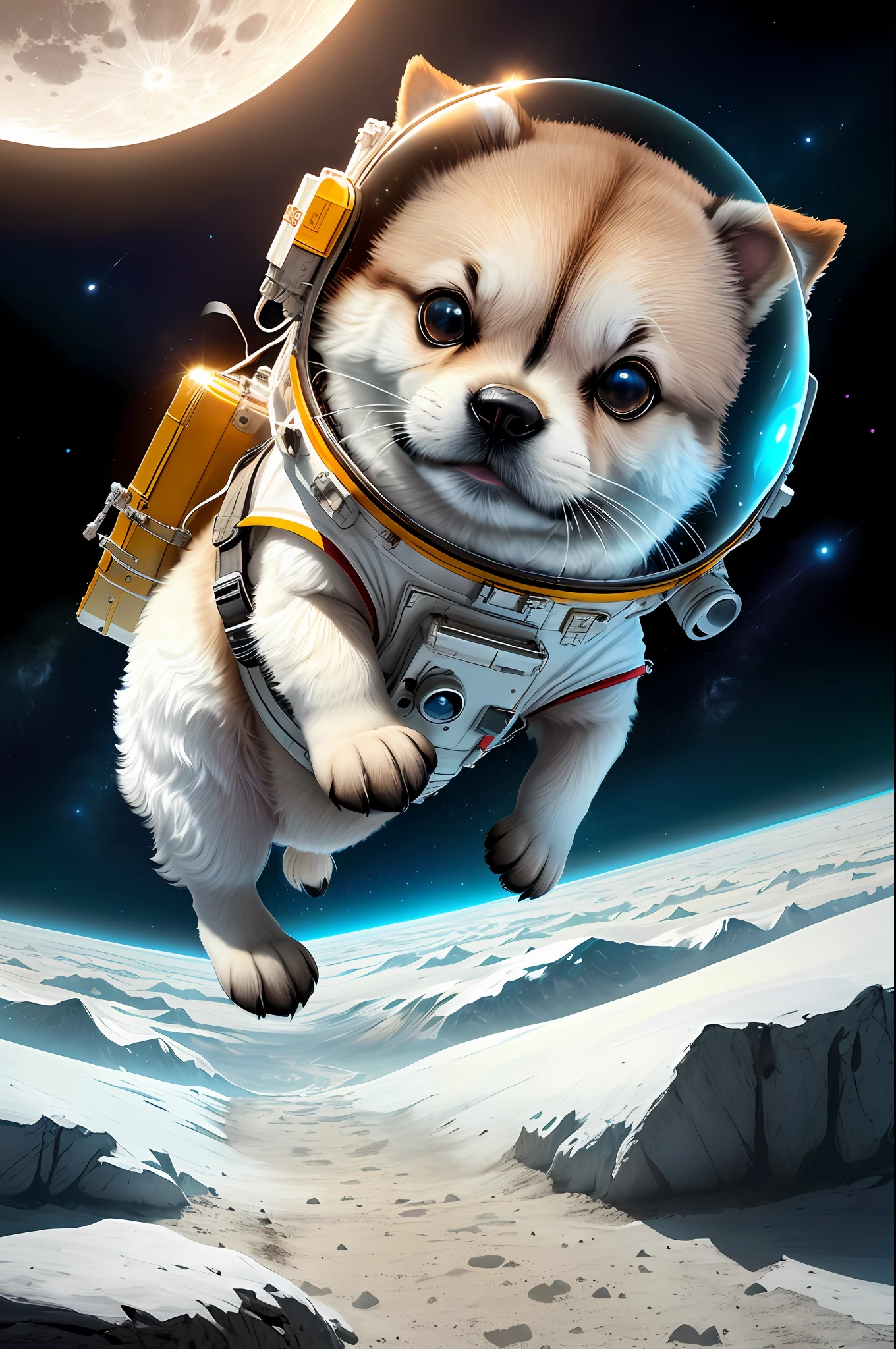 Arafed dog in space suit floating in the air with a moon in the ...