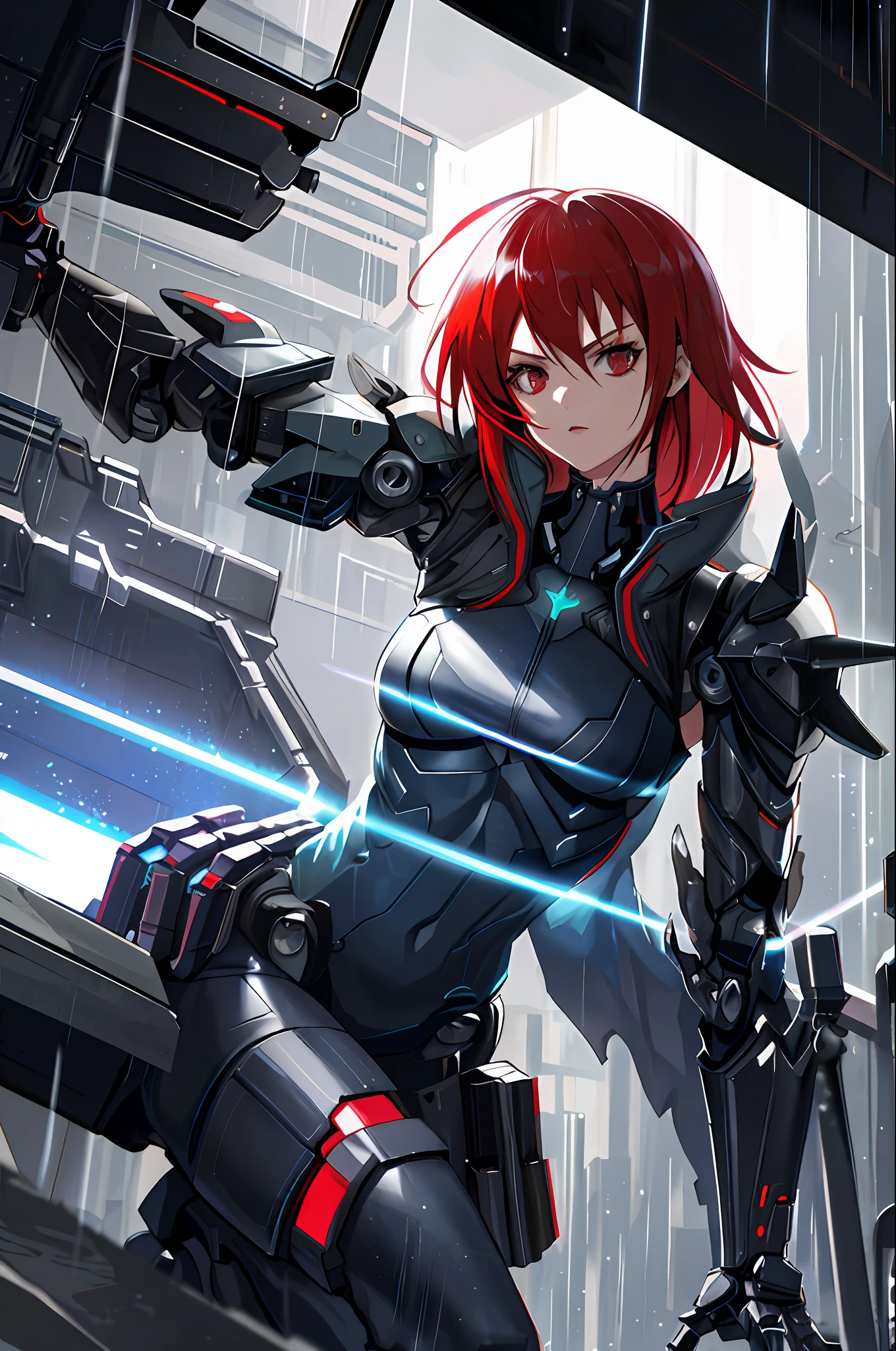 Anime girl with red hair and black armor holding a sword - SeaArt AI