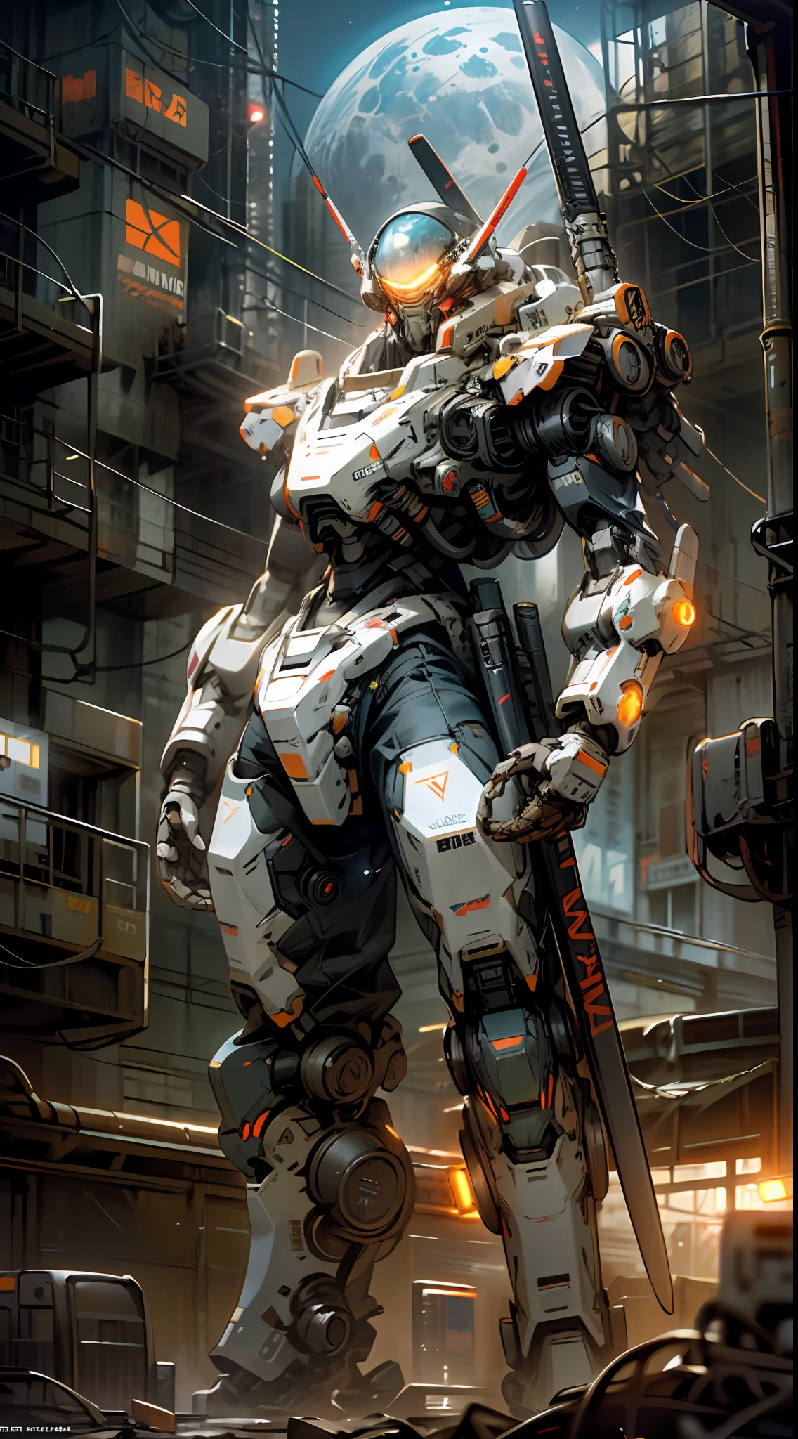 A large robot standing in front of a building with a giant moon in the ...