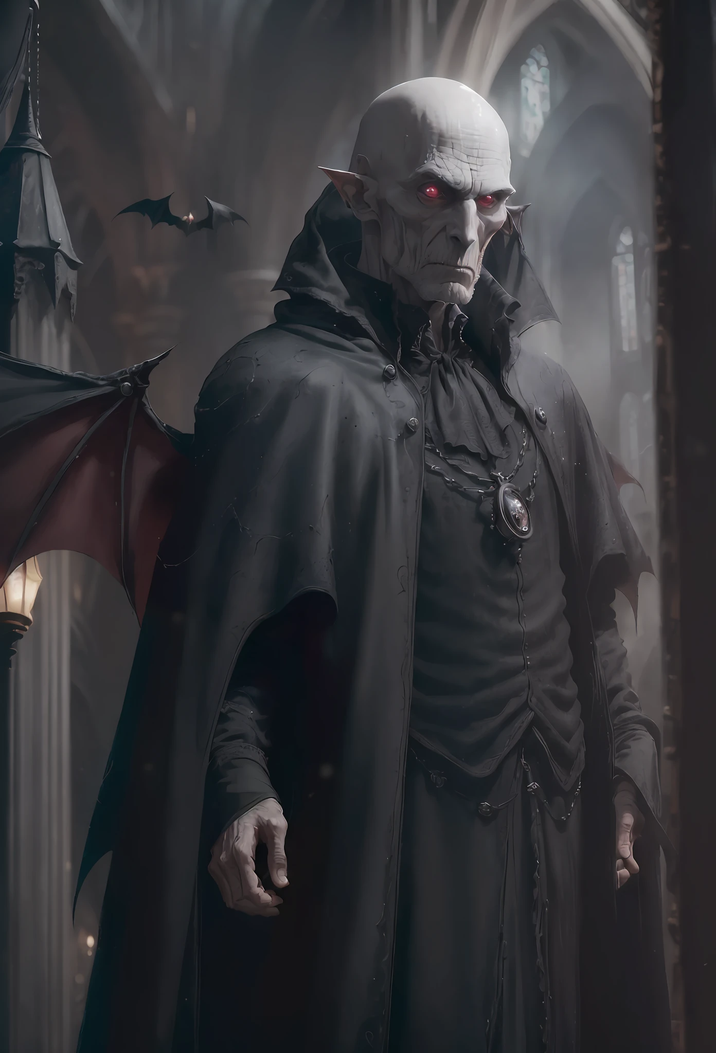 A man in a black robe and red eyes stands in a dark room - SeaArt AI