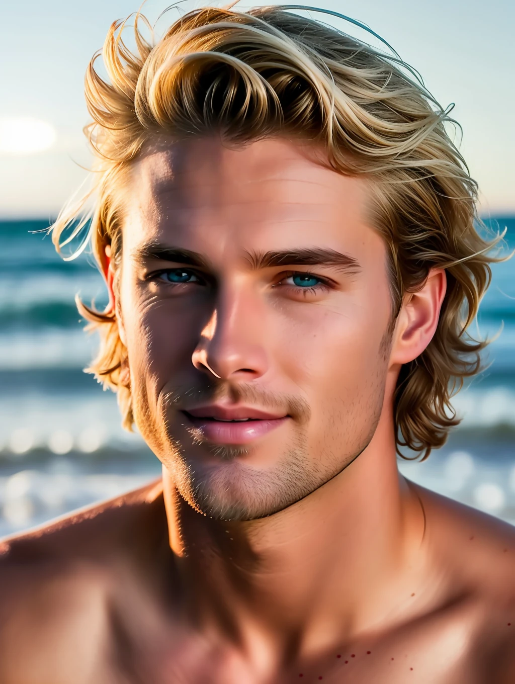 A close up of a man with a shirt on on a beach - SeaArt AI