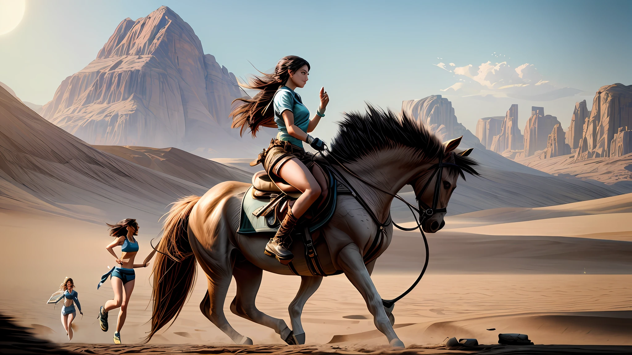 There is a woman riding a horse in the desert with other people - SeaArt AI