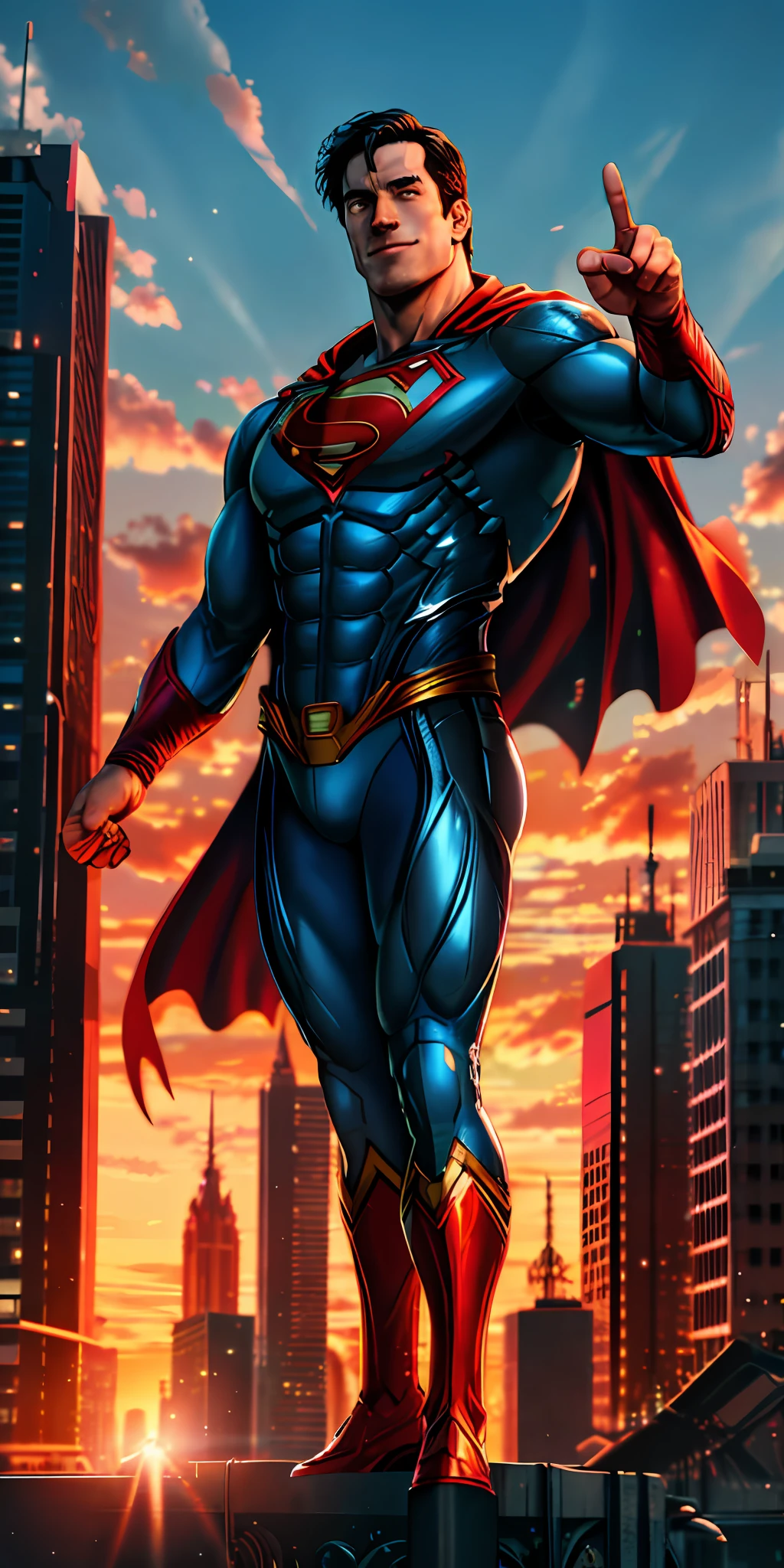 A man in a superman costume standing on a ledge in front of a city ...
