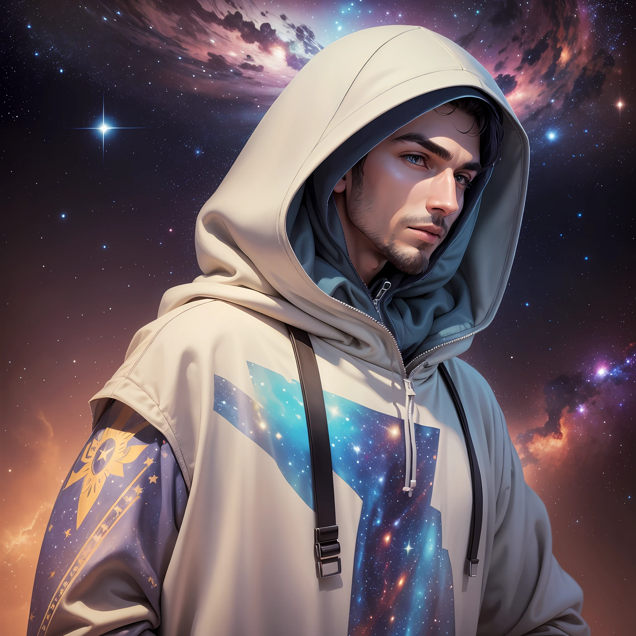 Arafed man in a hoodie with a space background - SeaArt AI
