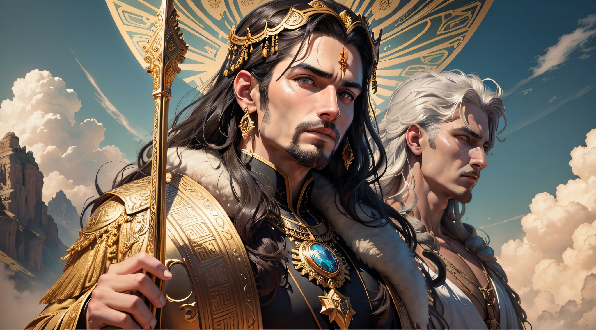 A couple of men standing next to each other holding a sword - SeaArt AI