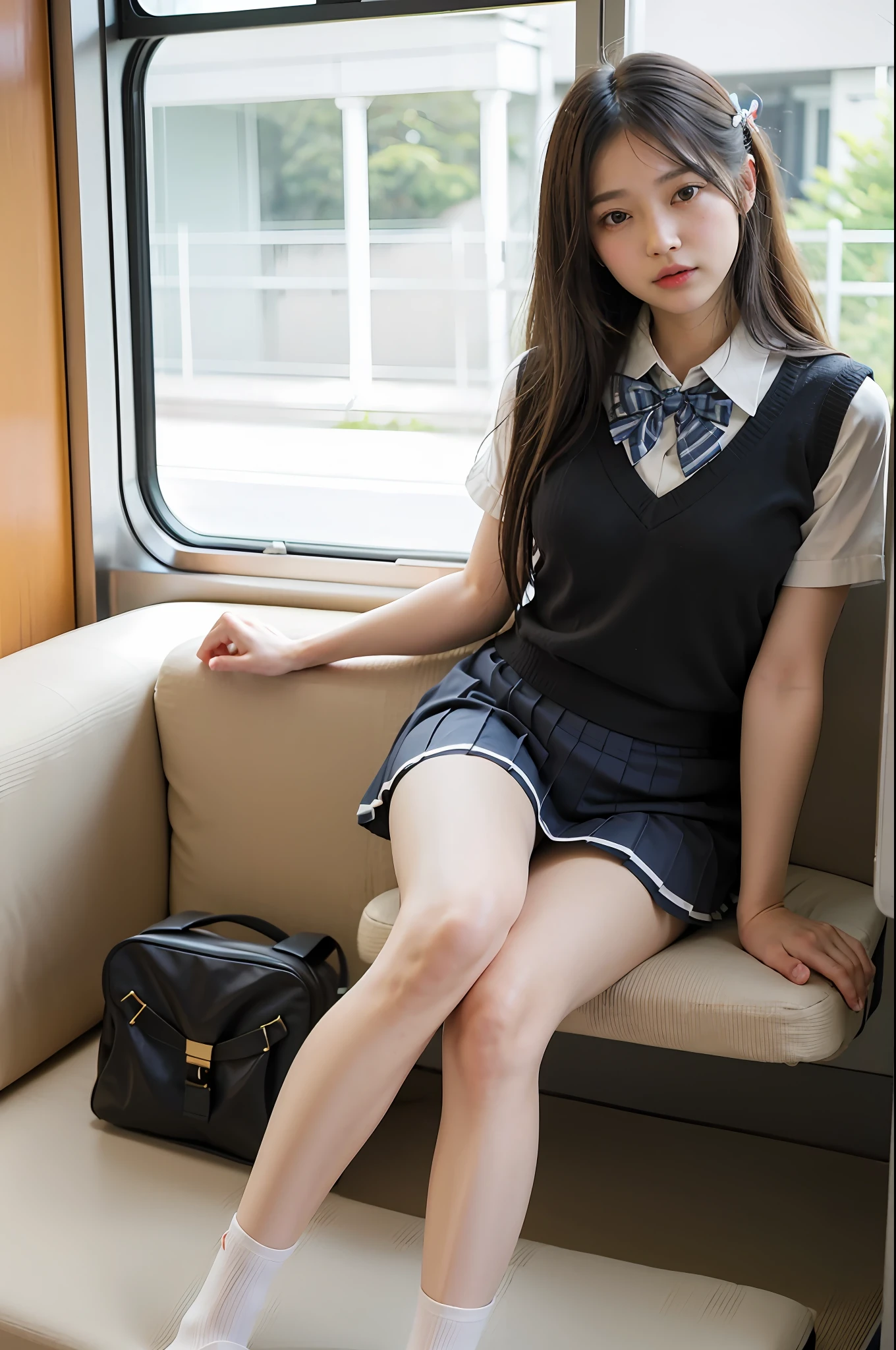 Arafed asian woman sitting on a bench in a train - SeaArt AI