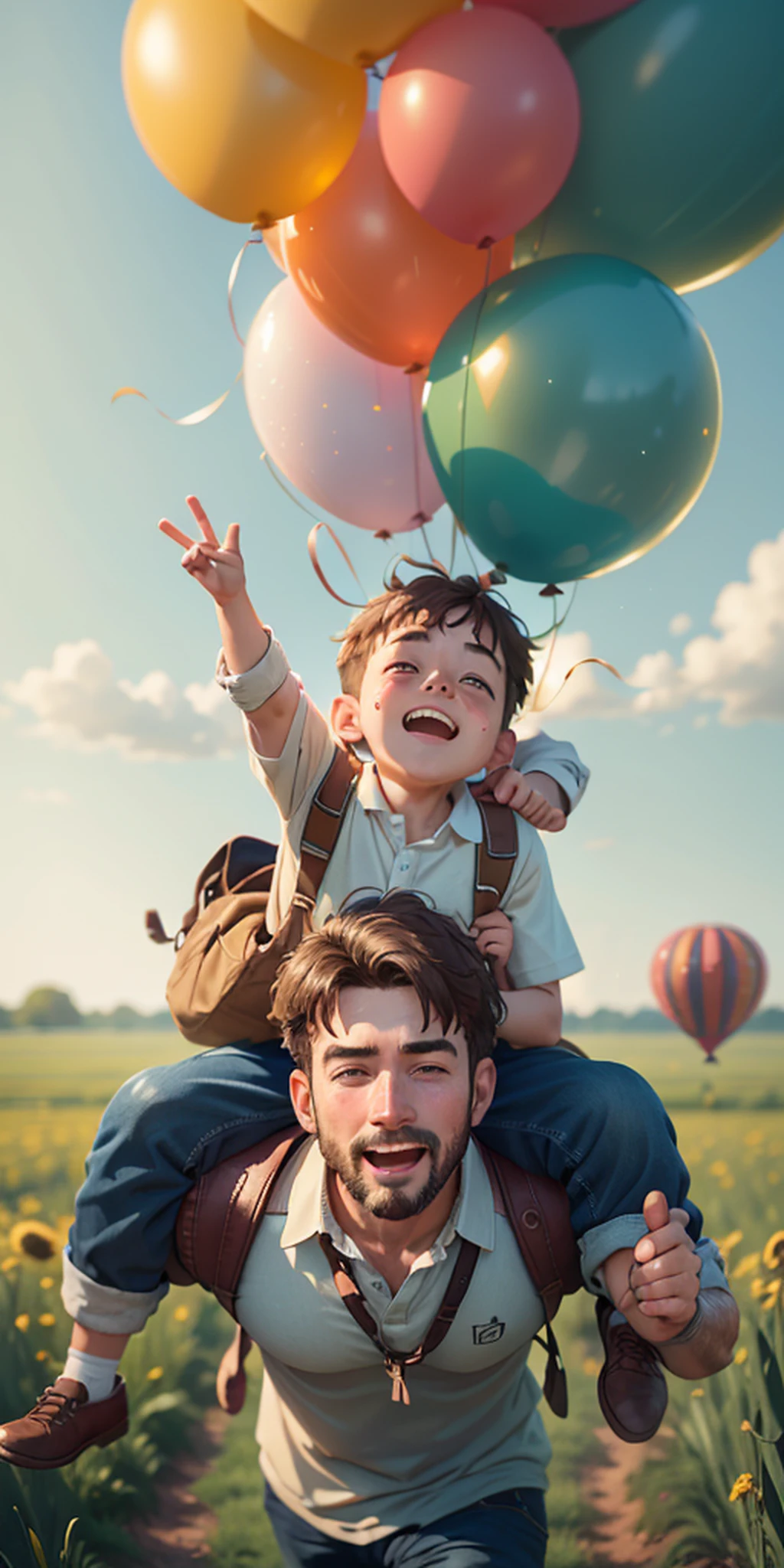 Arafed man carrying a child on his shoulders while flying in the air - SeaArt AI