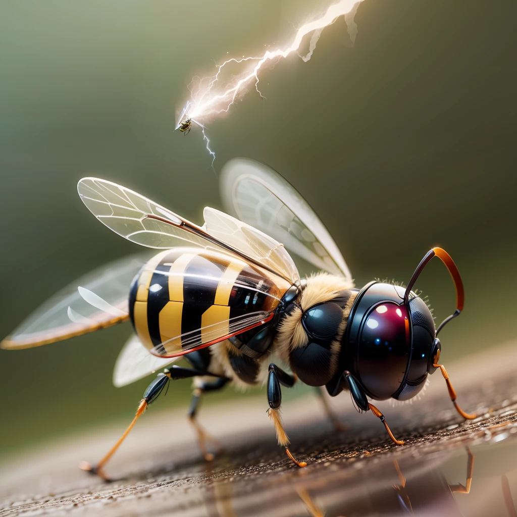 There is a close up of a fly with a lightning bolt in the background ...