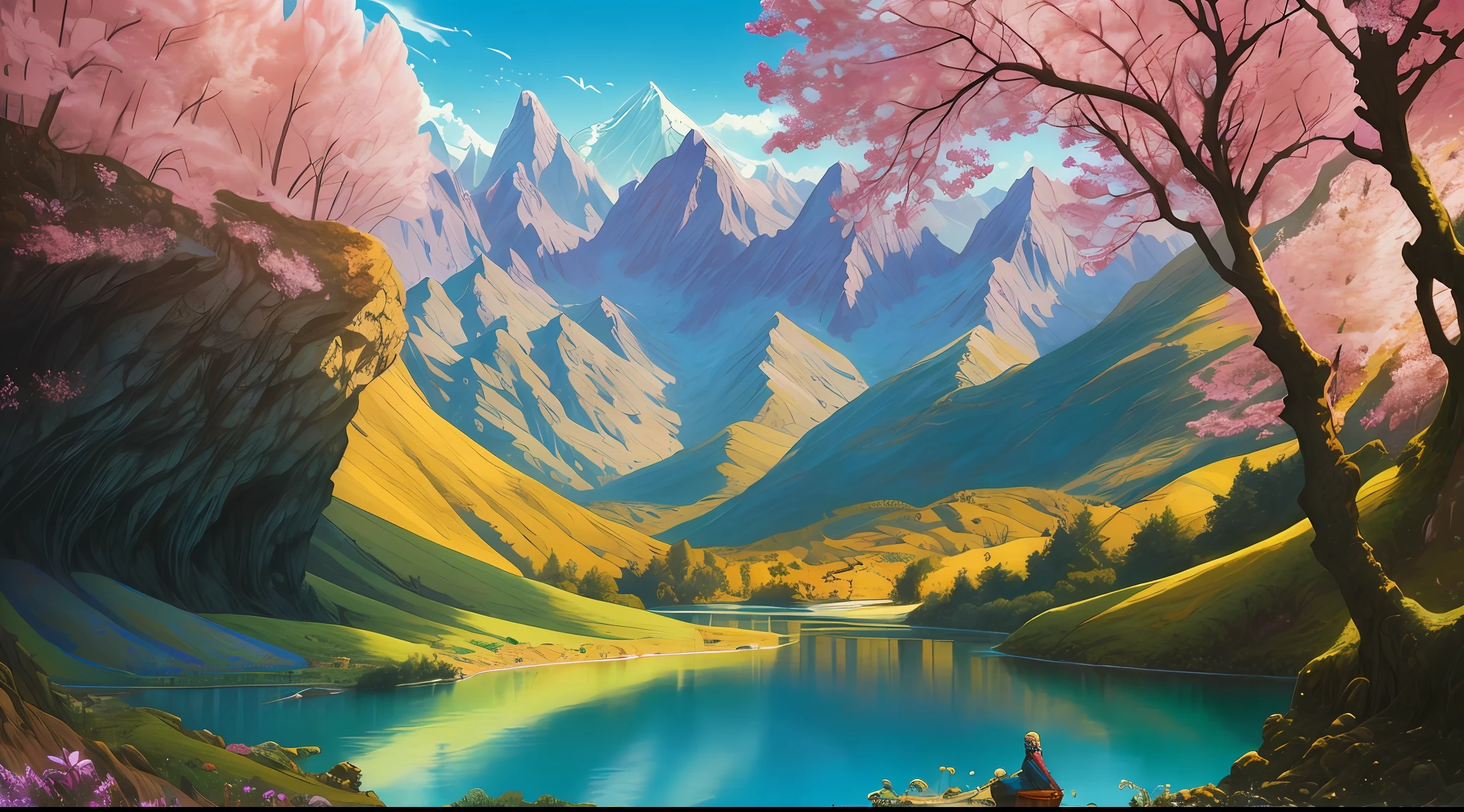 Painting of a mountain landscape with a lake and a couple of people ...