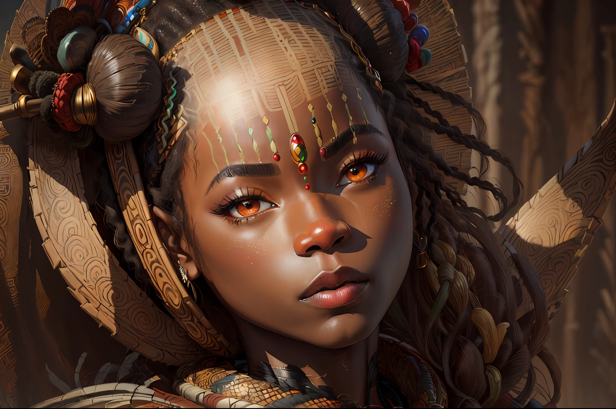 A close up of a woman with dreadlocks and a headdress - SeaArt AI