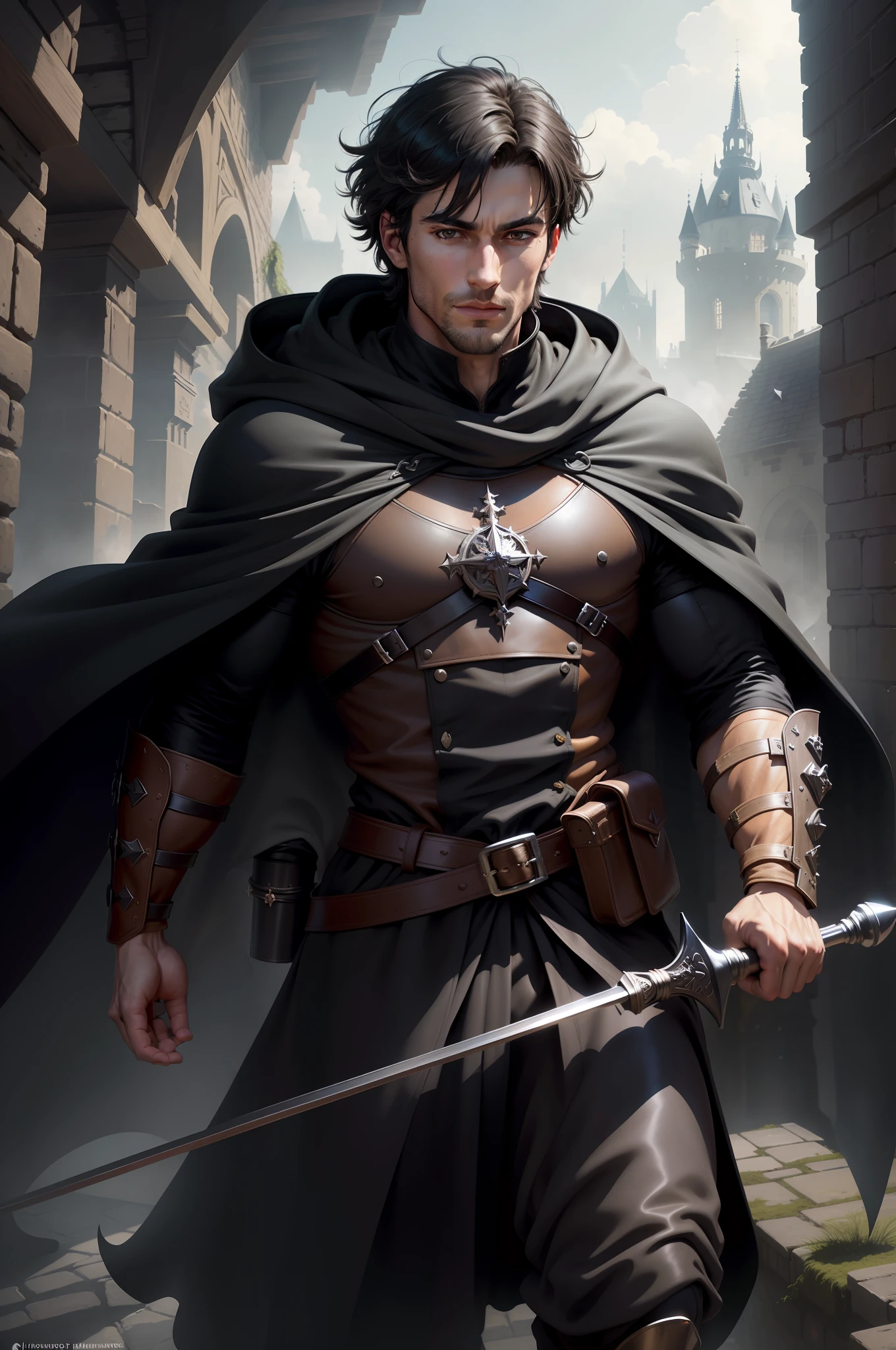 A man in a cape and cape holding a sword in a courtyard - SeaArt AI
