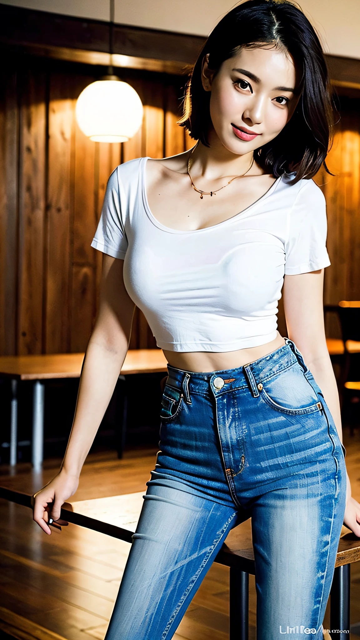 Araffe asian woman in a white shirt and jeans posing for a picture ...