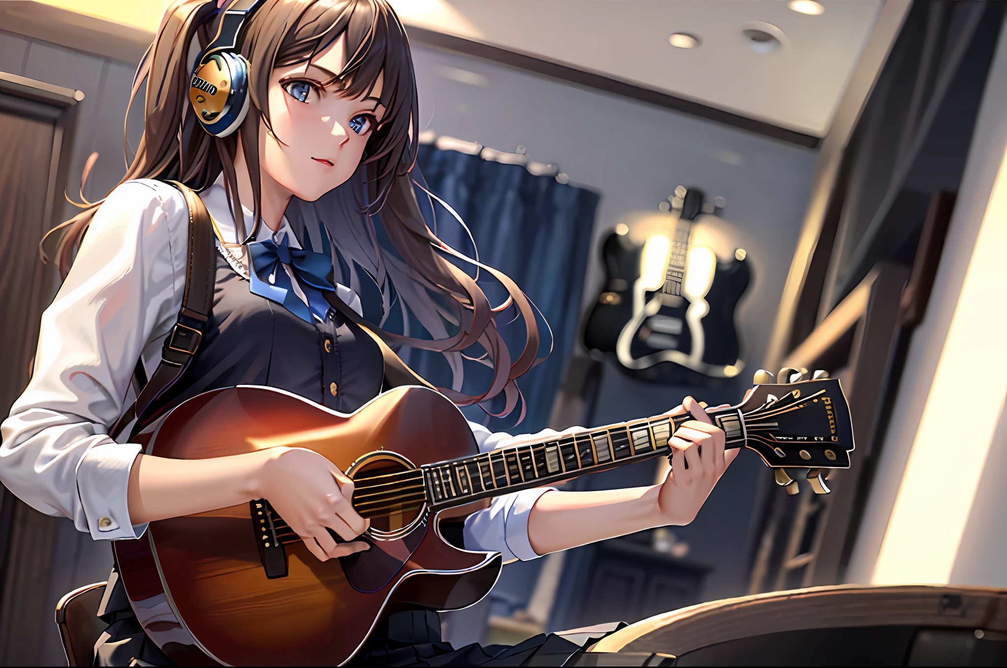 Anime girl with headphones playing guitar in a music studio - SeaArt AI