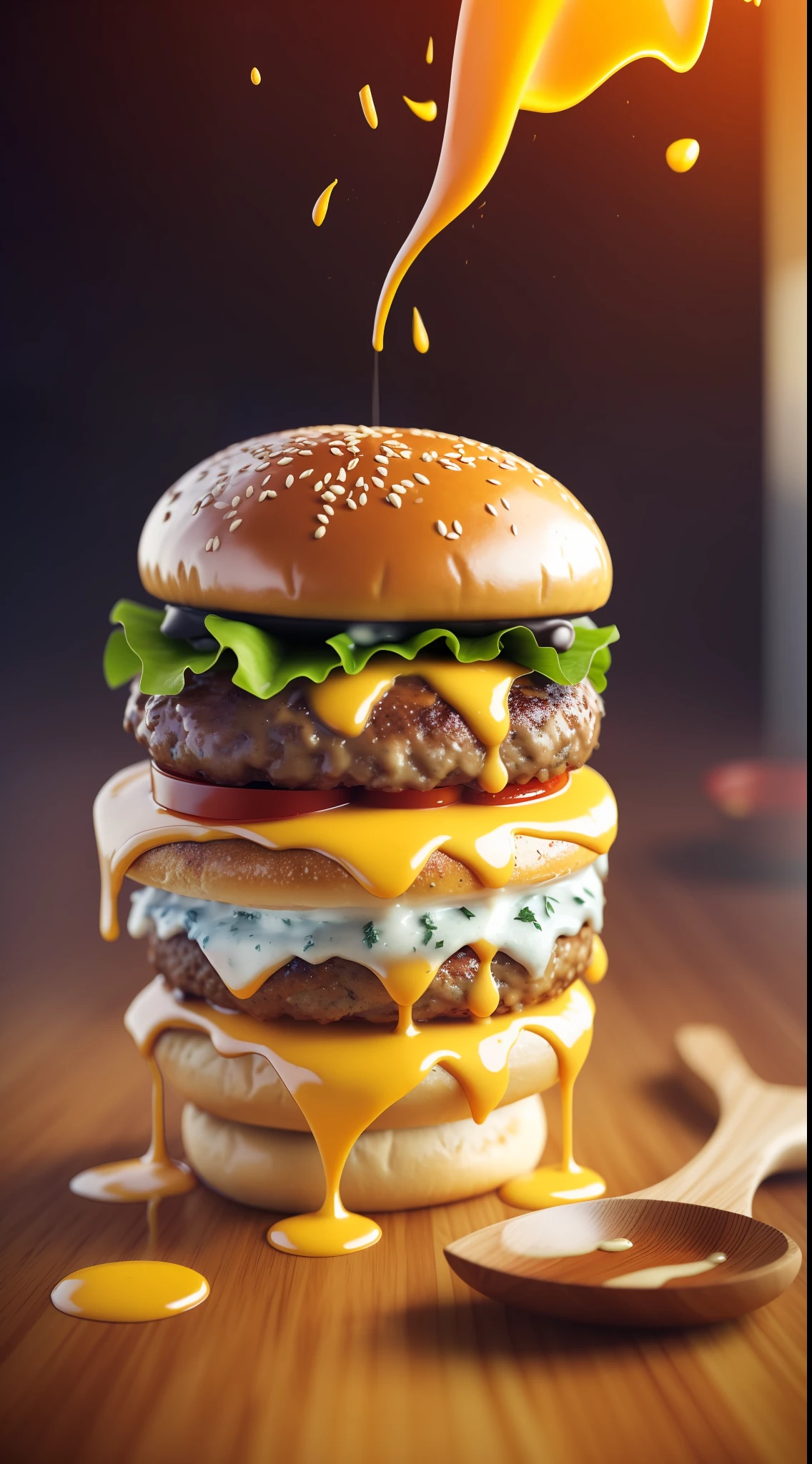 A close up of a hamburger with cheese and sauce on a wooden table ...