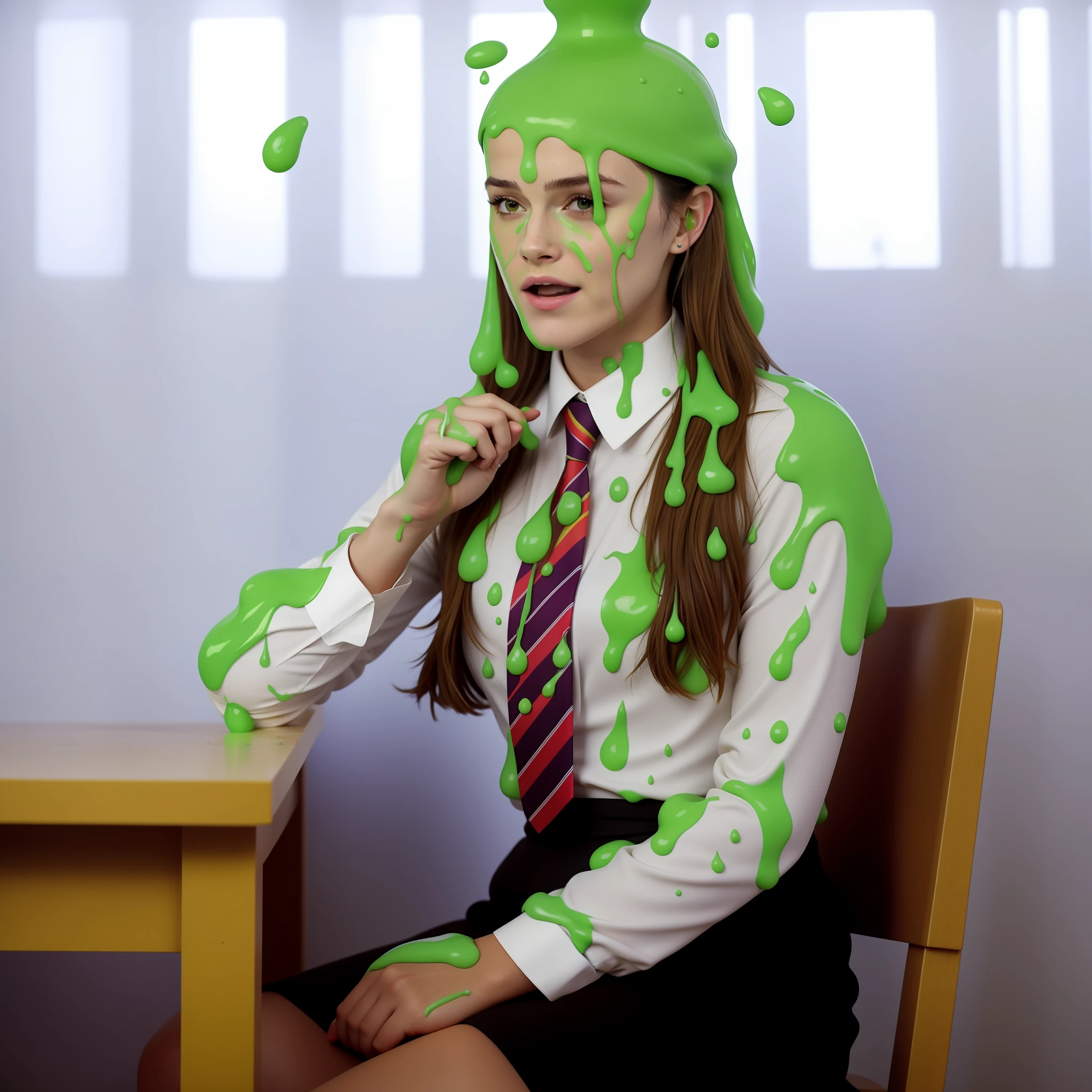 Arafed woman in a green hat and tie sitting at a table - SeaArt AI