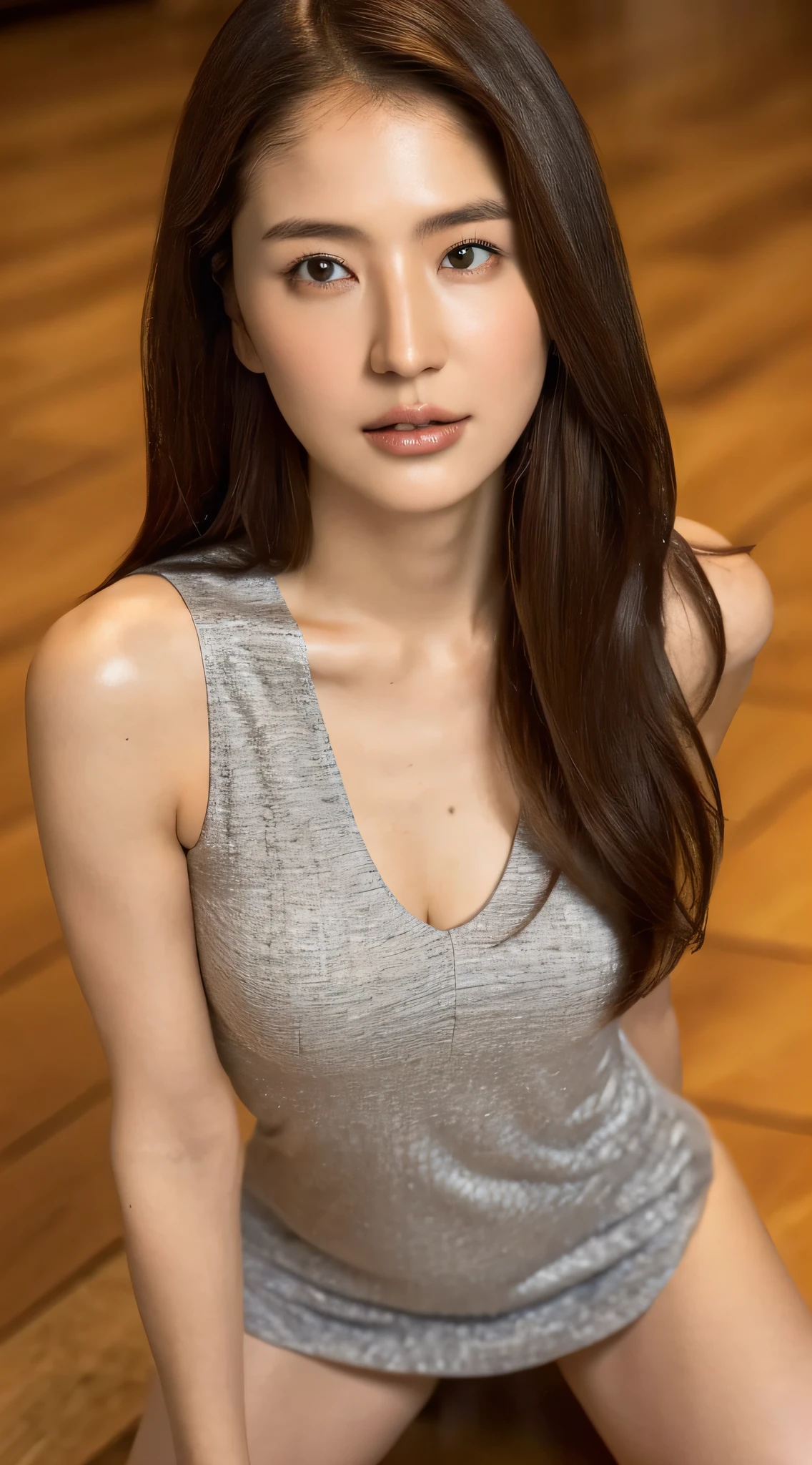 A woman in a gray top and shorts posing for a picture - SeaArt AI