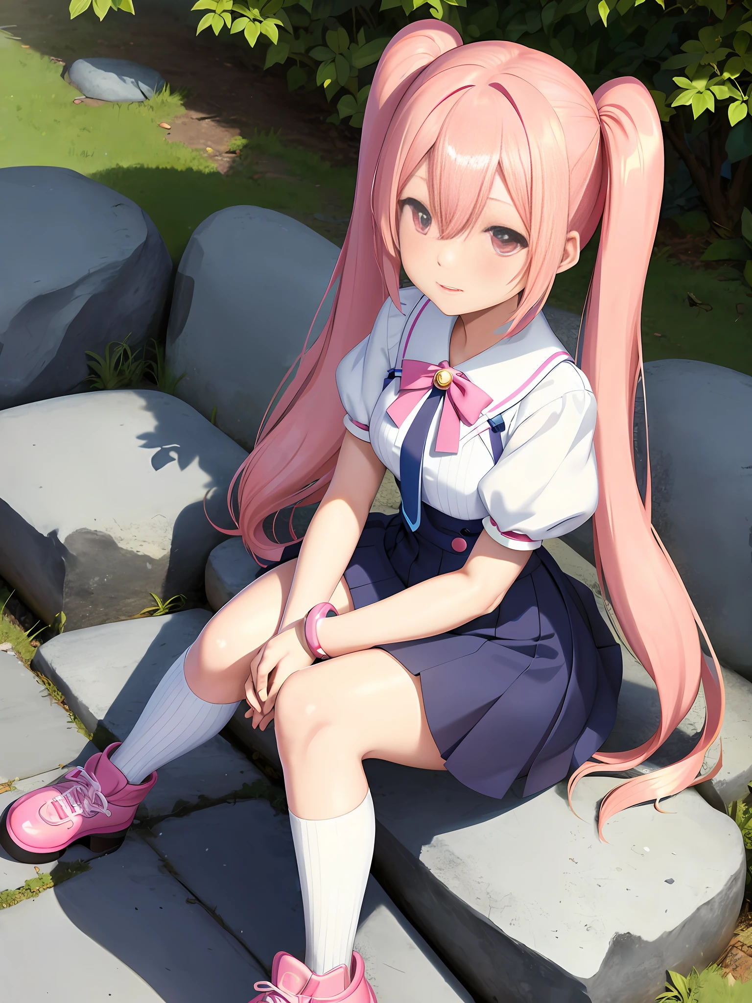 アニメ風の女の子がピンクの髪で石のベンチに座っている - SeaArt AI