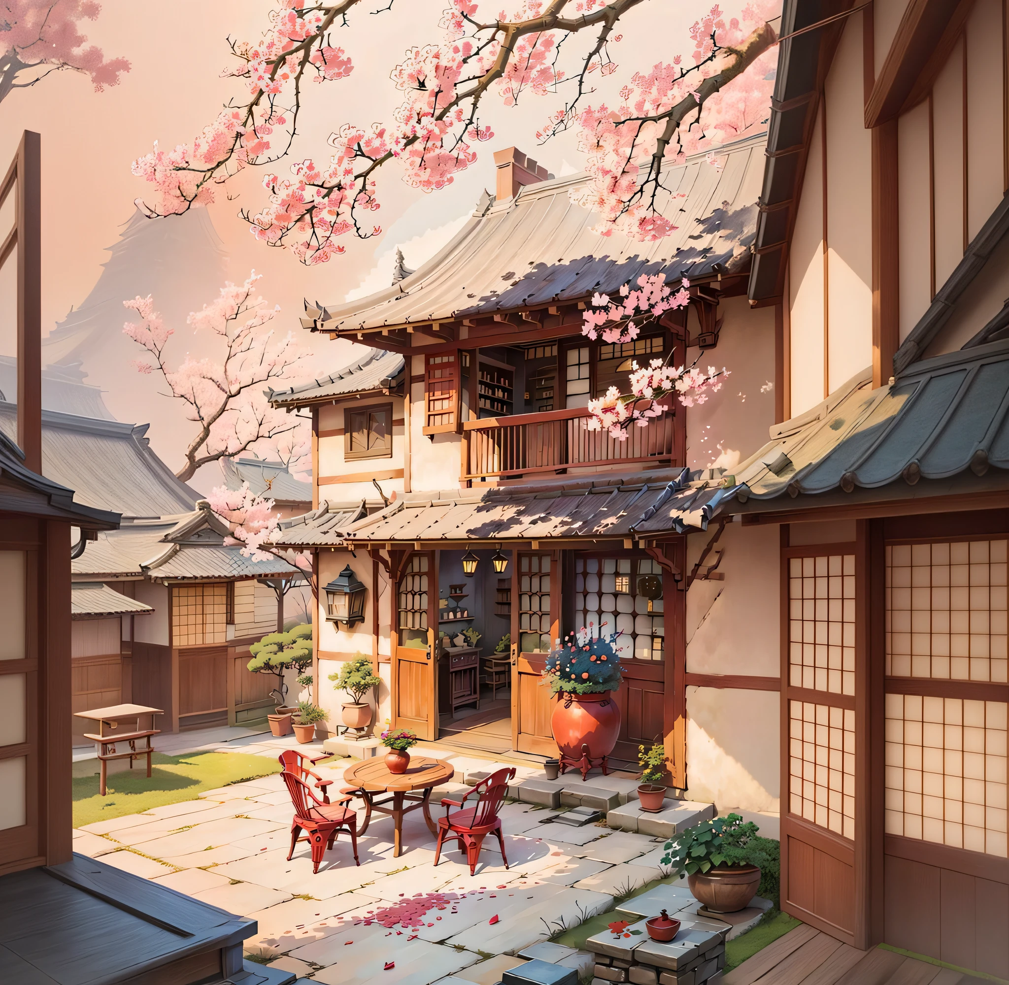 Anime scenery of a japanese house with a courtyard and a table - SeaArt AI