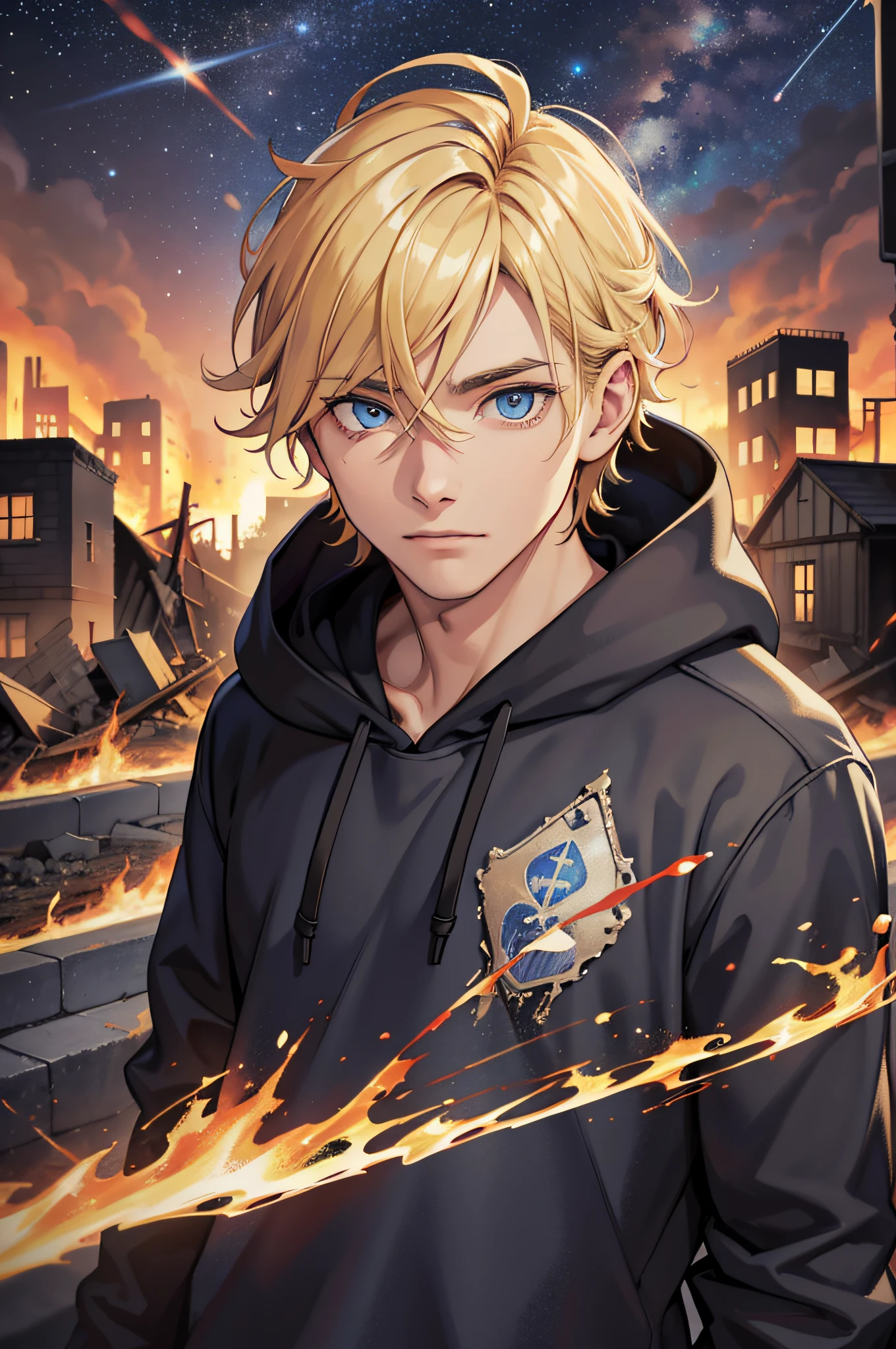 A young man in a hoodie with a fire and flames around him - SeaArt AI