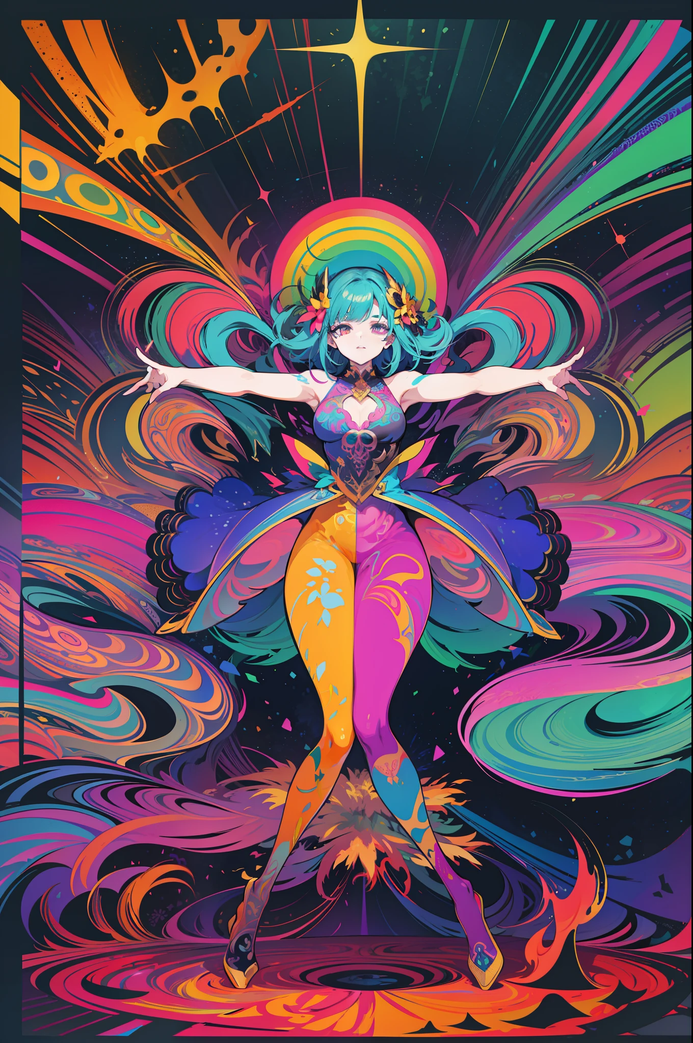 A close up of a woman in a colorful dress with a star in the background ...