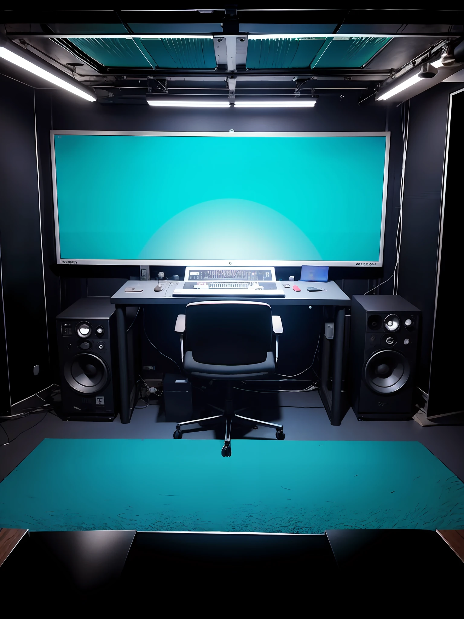 There is a desk with speakers and a monitor in a room - SeaArt AI