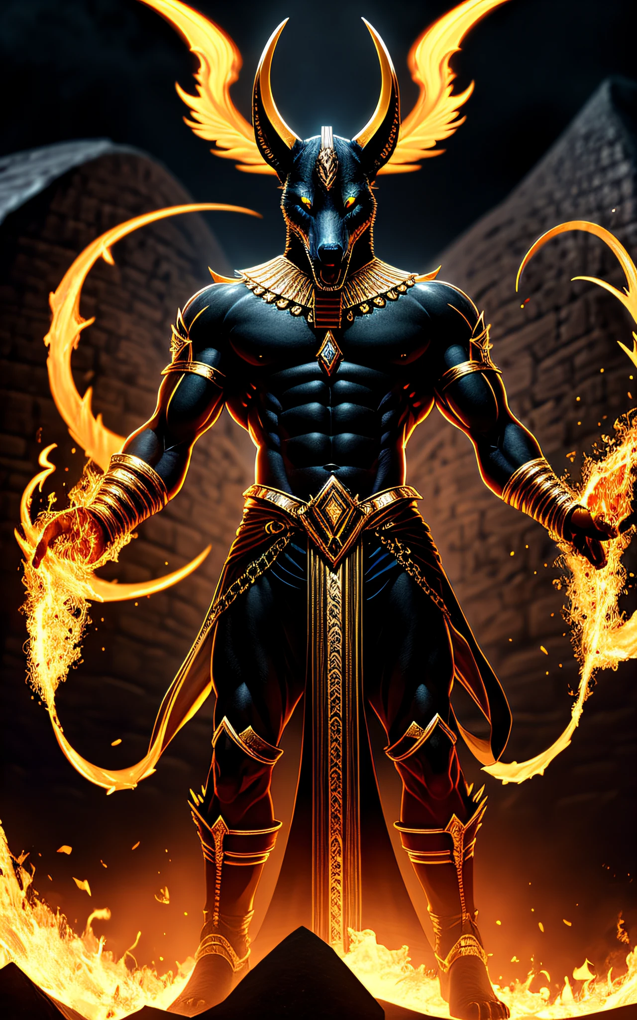 A man with a horned head and a sword in flames - SeaArt AI