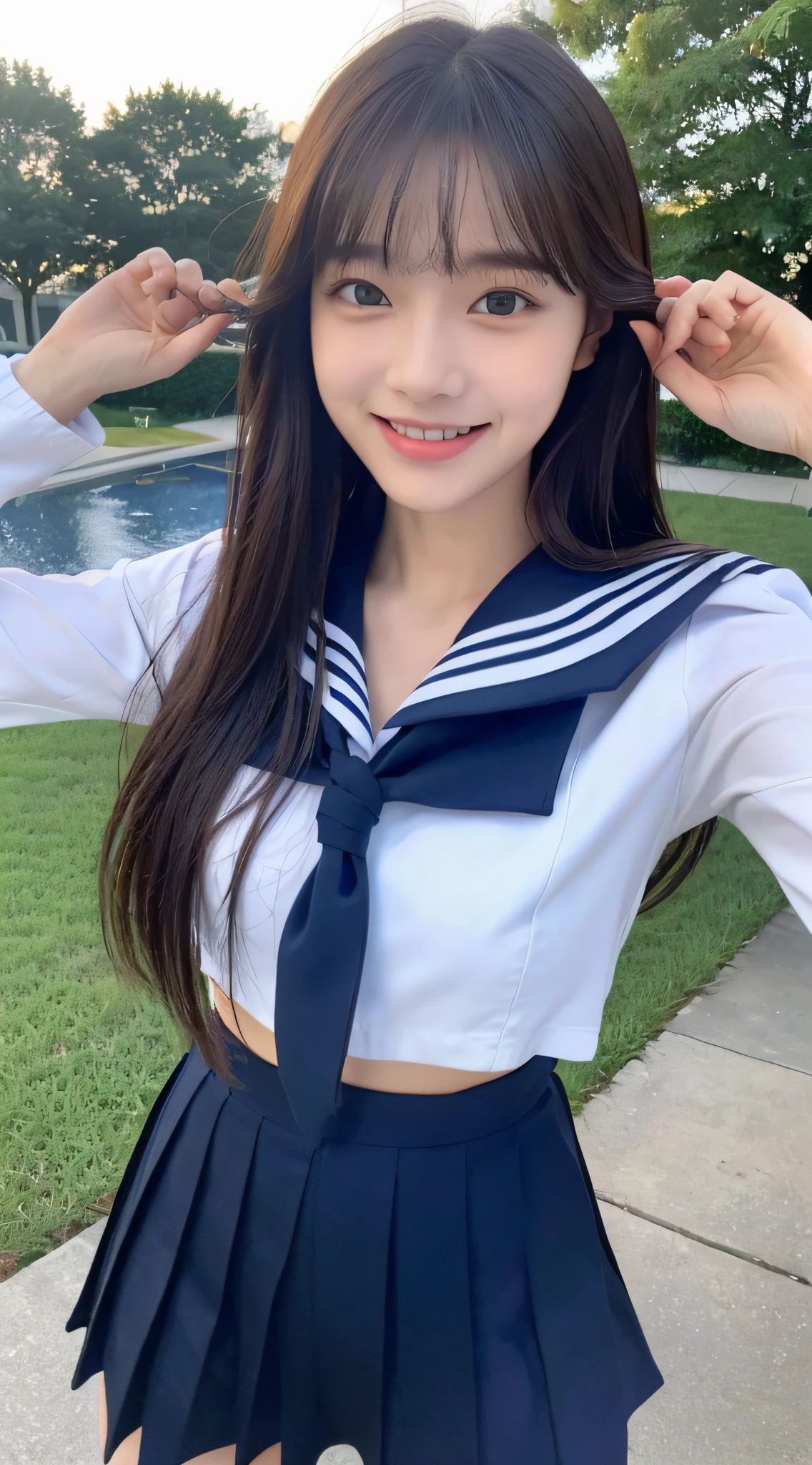 A close up of a woman in a sailor outfit posing for a picture - SeaArt AI