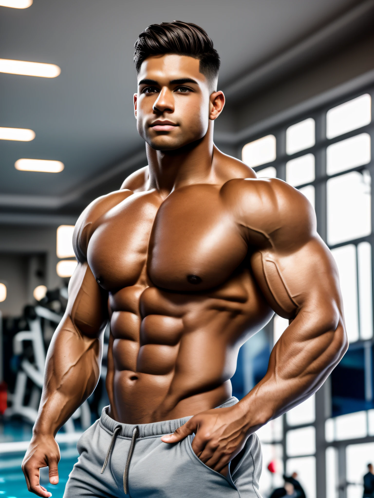 A man with a muscular body is posing in a gym - SeaArt AI